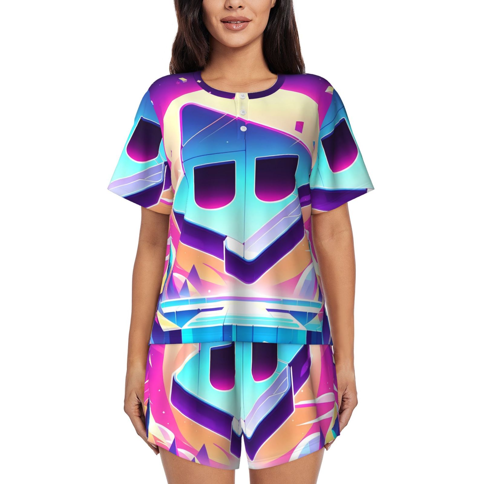 Lafuoo Geometry Dash Pattern Women's Round Neck Short Sleeve Pajamas ...