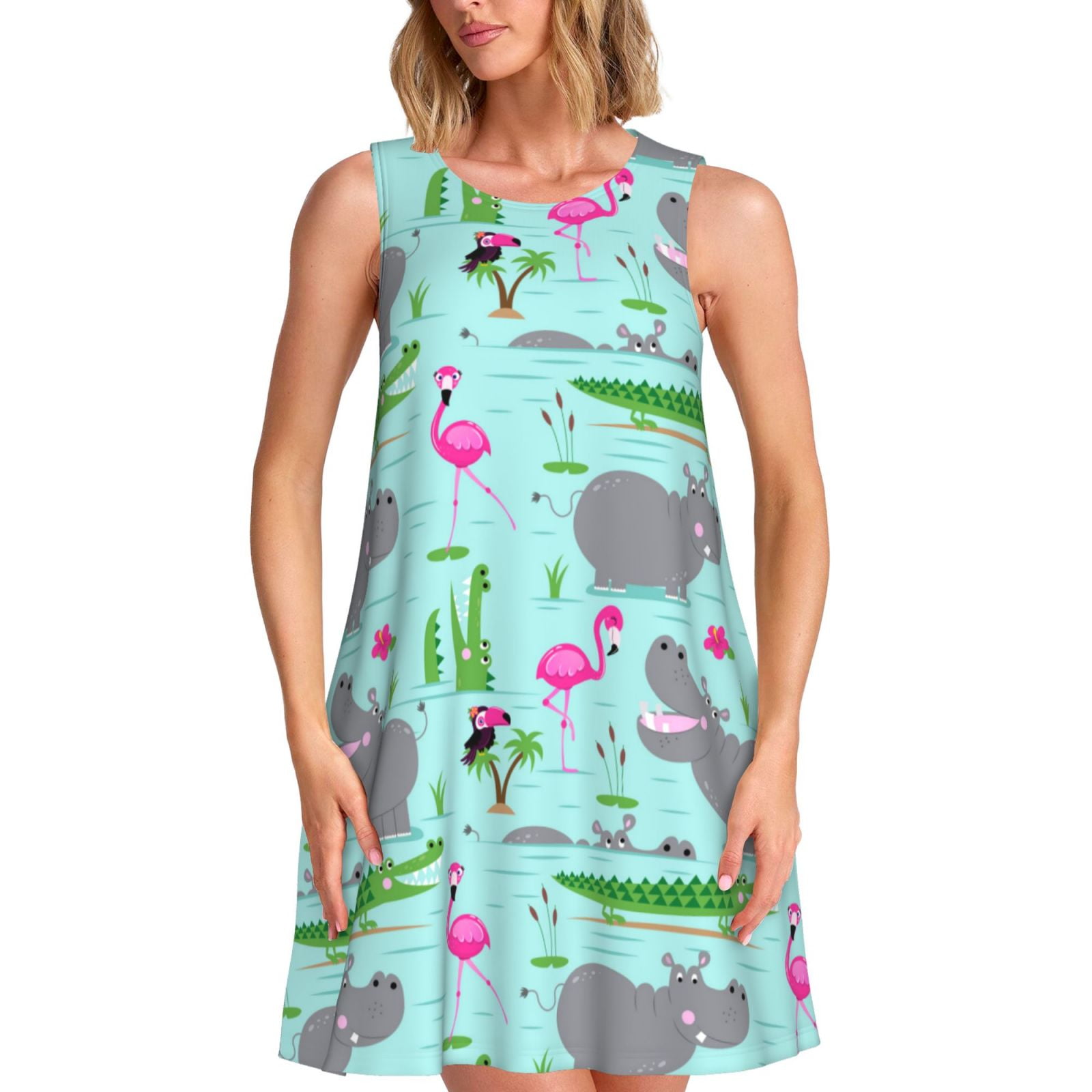 Lafuoo Hippo With Flamingos And Crocodiles Pattern Women's Sleeveless ...