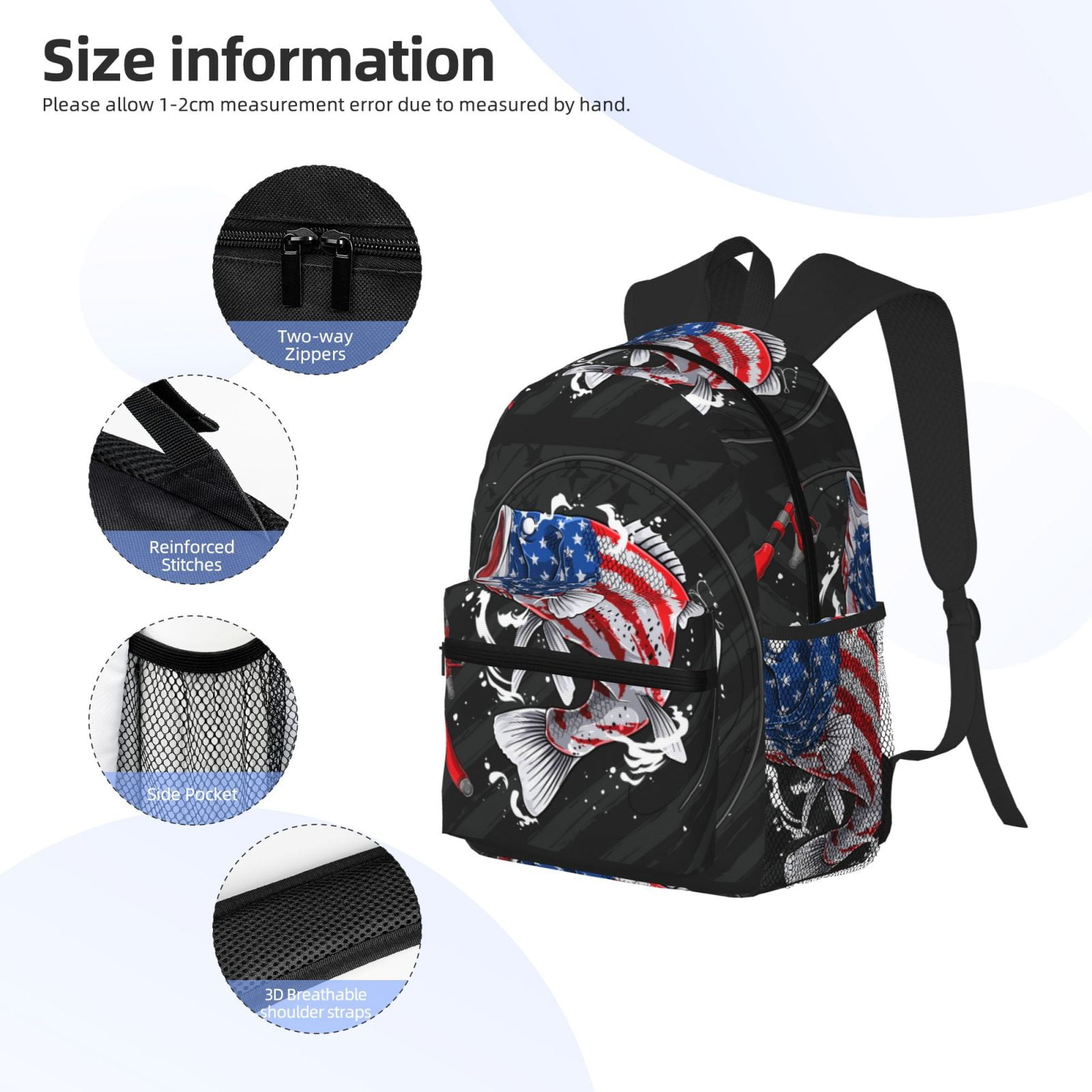 Lafuoo Largemouth Bass Fish in USA Pattern Casual Backpack, Large ...