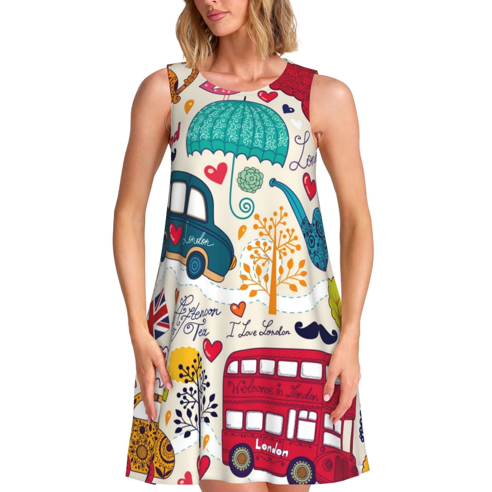 Lafuoo London Symbols Pattern Women's Sleeveless Dress, Round Tie ...