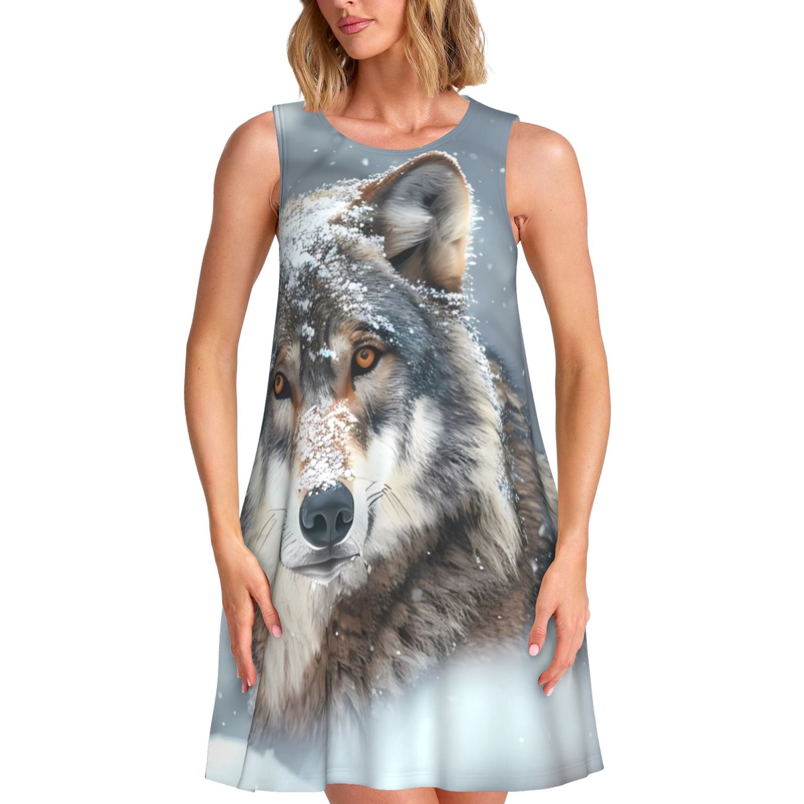 Lafuoo Majestic Snowy Wolf Pattern Women's Sleeveless Dress, Round Tie ...