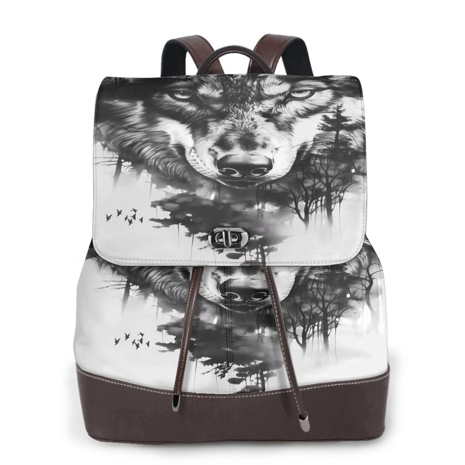 Lafuoo Majestic Wolf Landscape Pattern Leather Backpack, Adjustable ...