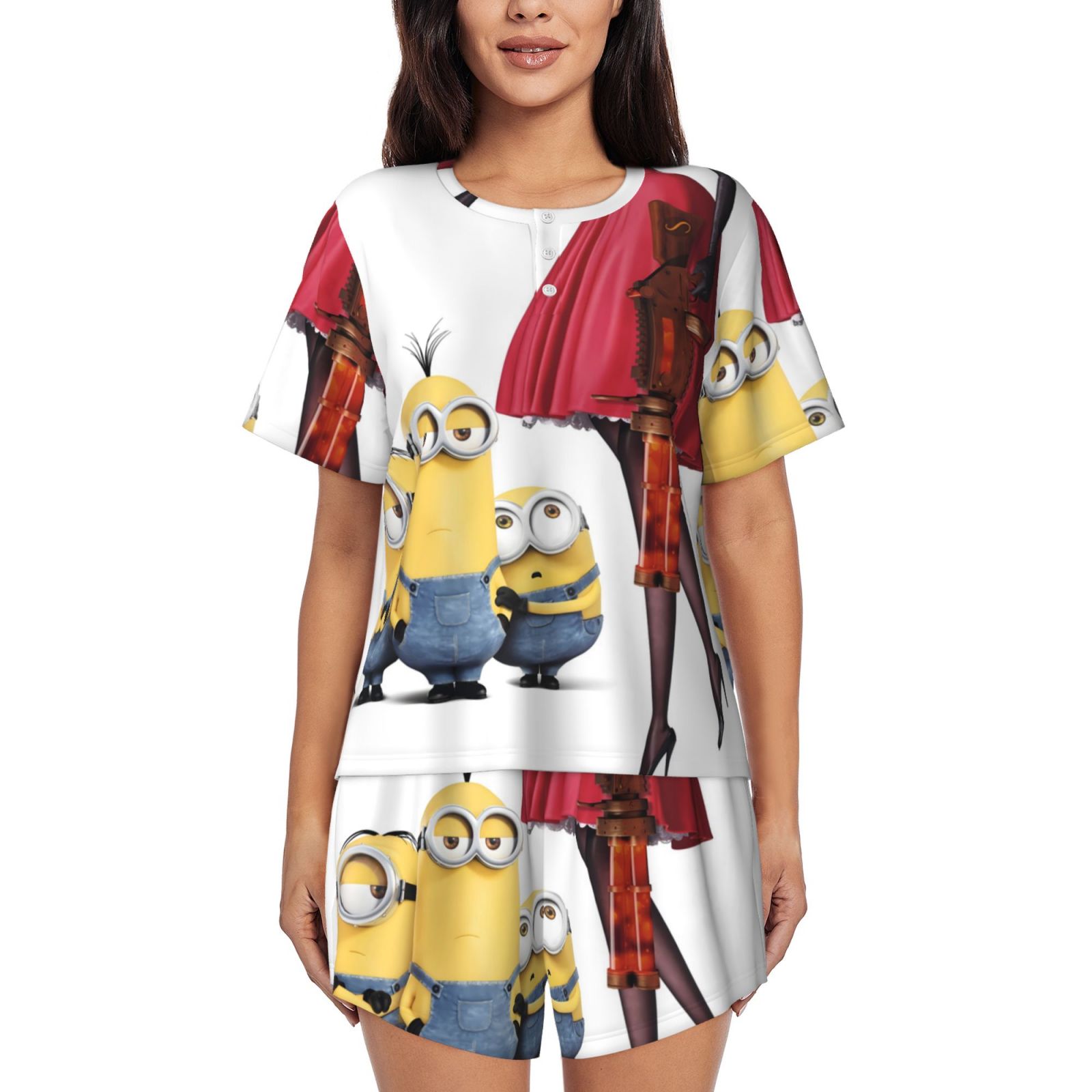 Lafuoo Minions Pattern Women's Round Neck Short Sleeve Pajamas Set ...