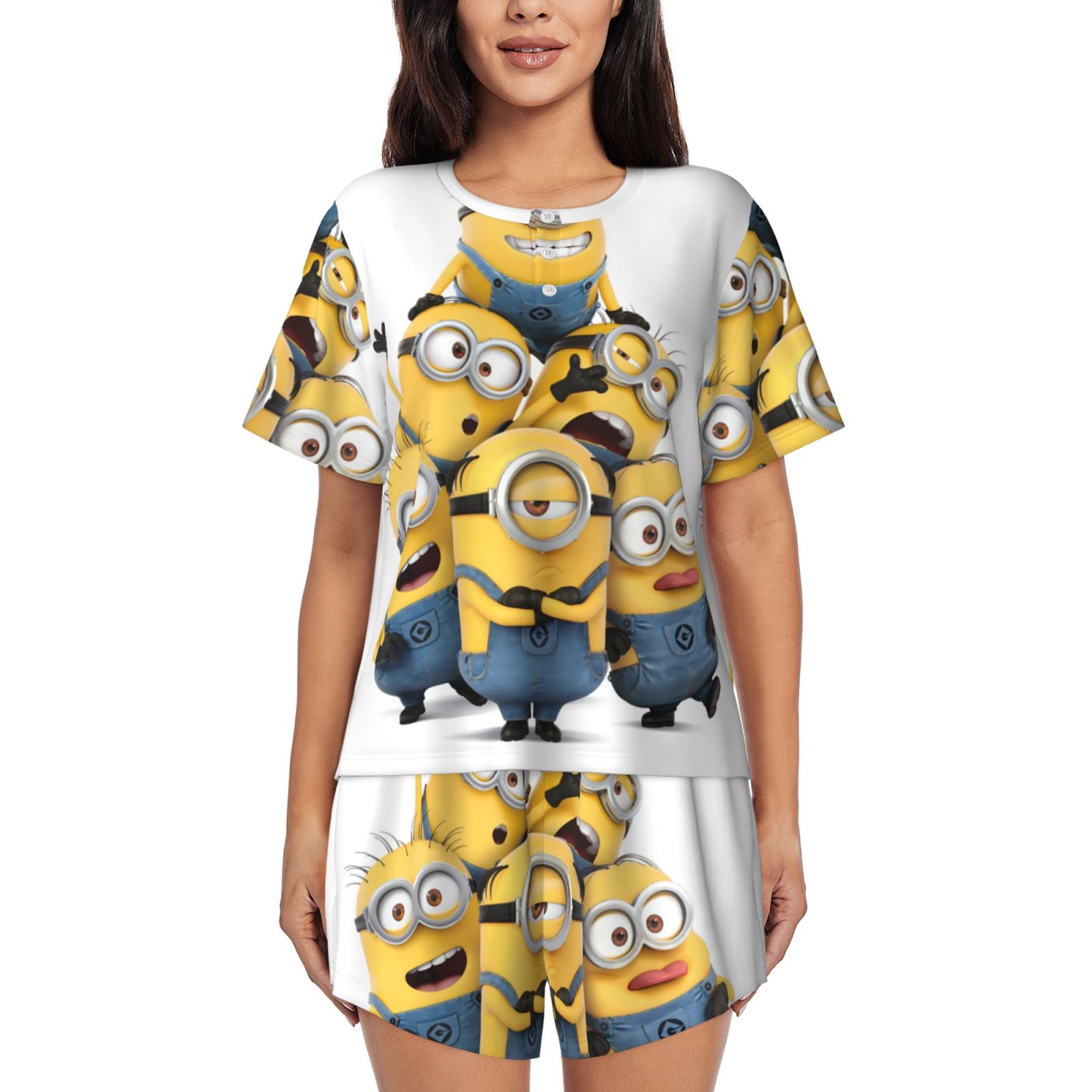 Lafuoo Minions Pattern Women's Round Neck Short Sleeve Pajamas Set ...