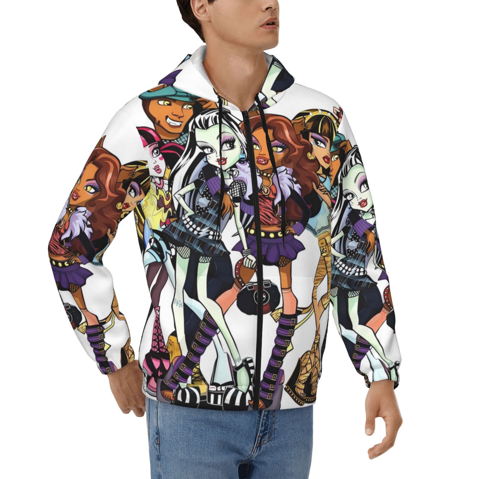 Lafuoo Monster High Pattern Men's Hooded Zip-Up Cardigan, Long-Sleeved ...
