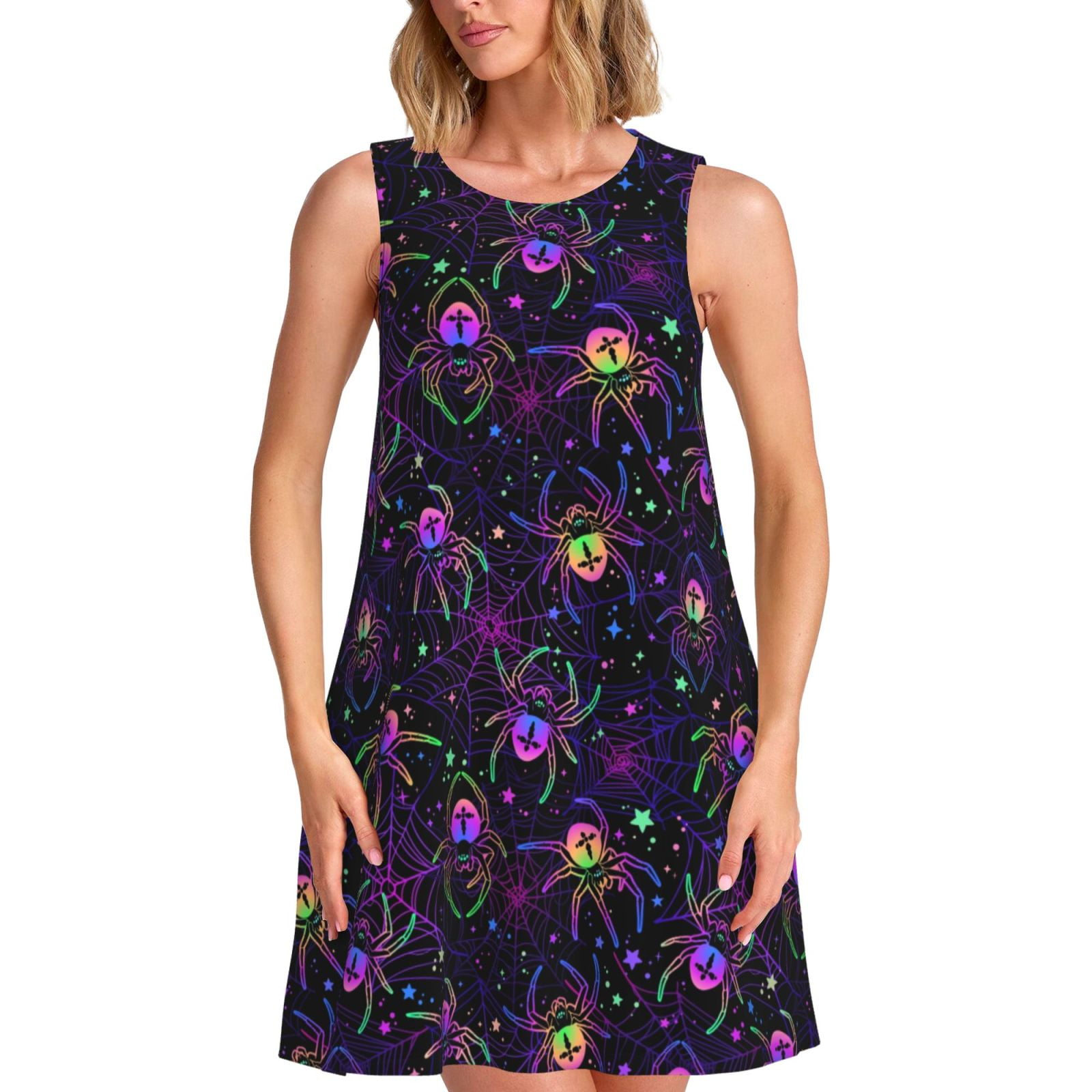 Lafuoo Multi-colored Spiders Pattern Women's Sleeveless Dress, Round ...