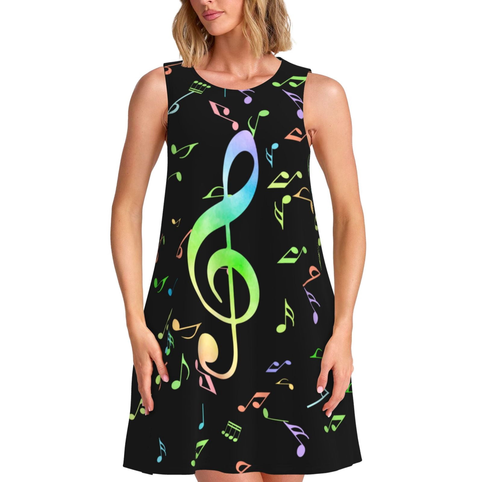Lafuoo Music Notes Pattern Women's Sleeveless Dress, Round Tie Pocket ...