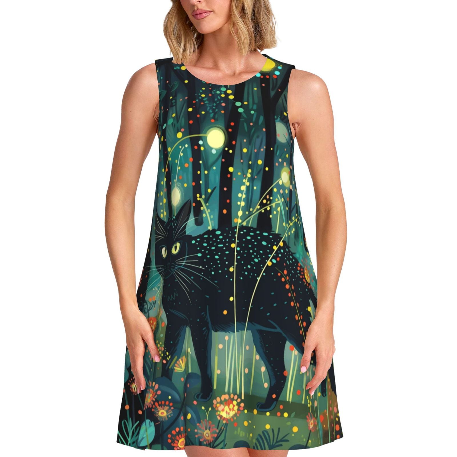 Lafuoo Mystical Black Cat Fireflies Pattern Women's Sleeveless Dress ...