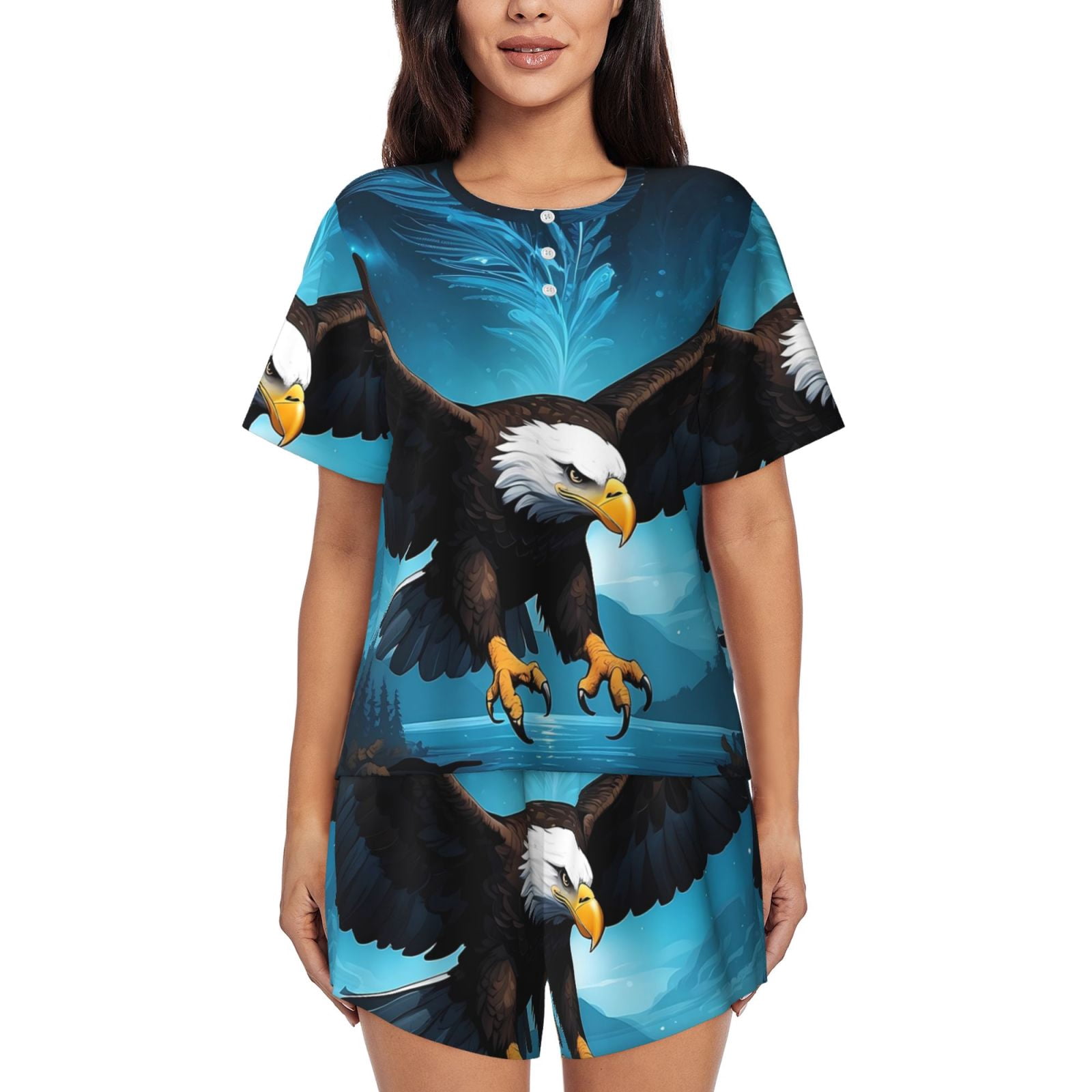Lafuoo Night Sky Forest Bald Eagle Pattern Women's Round Neck Short ...