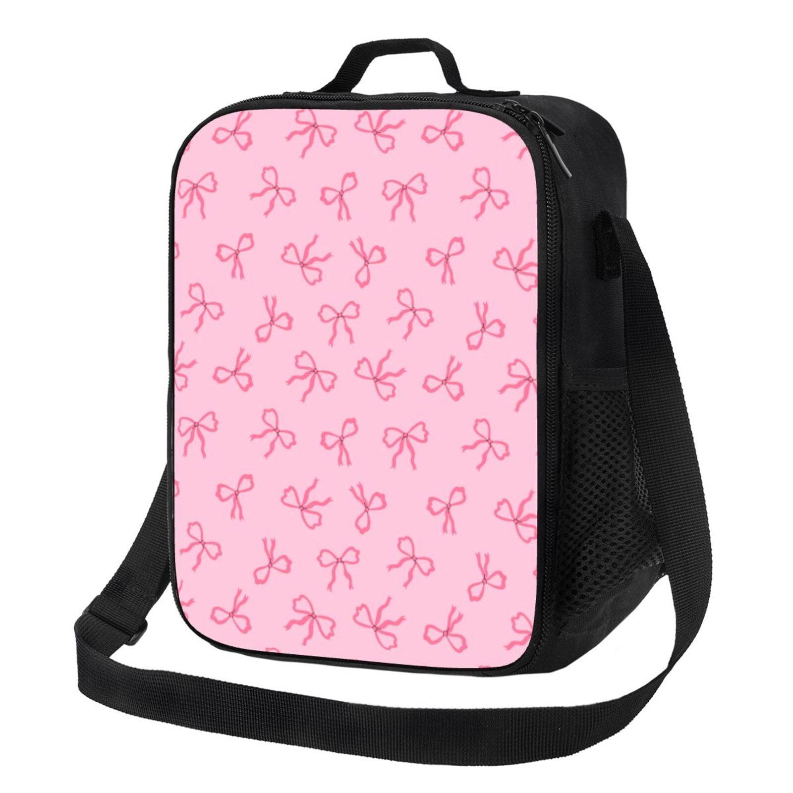 Lafuoo Pink Bows Pattern Thermal Insulated One Shoulder Handheld Lunch ...