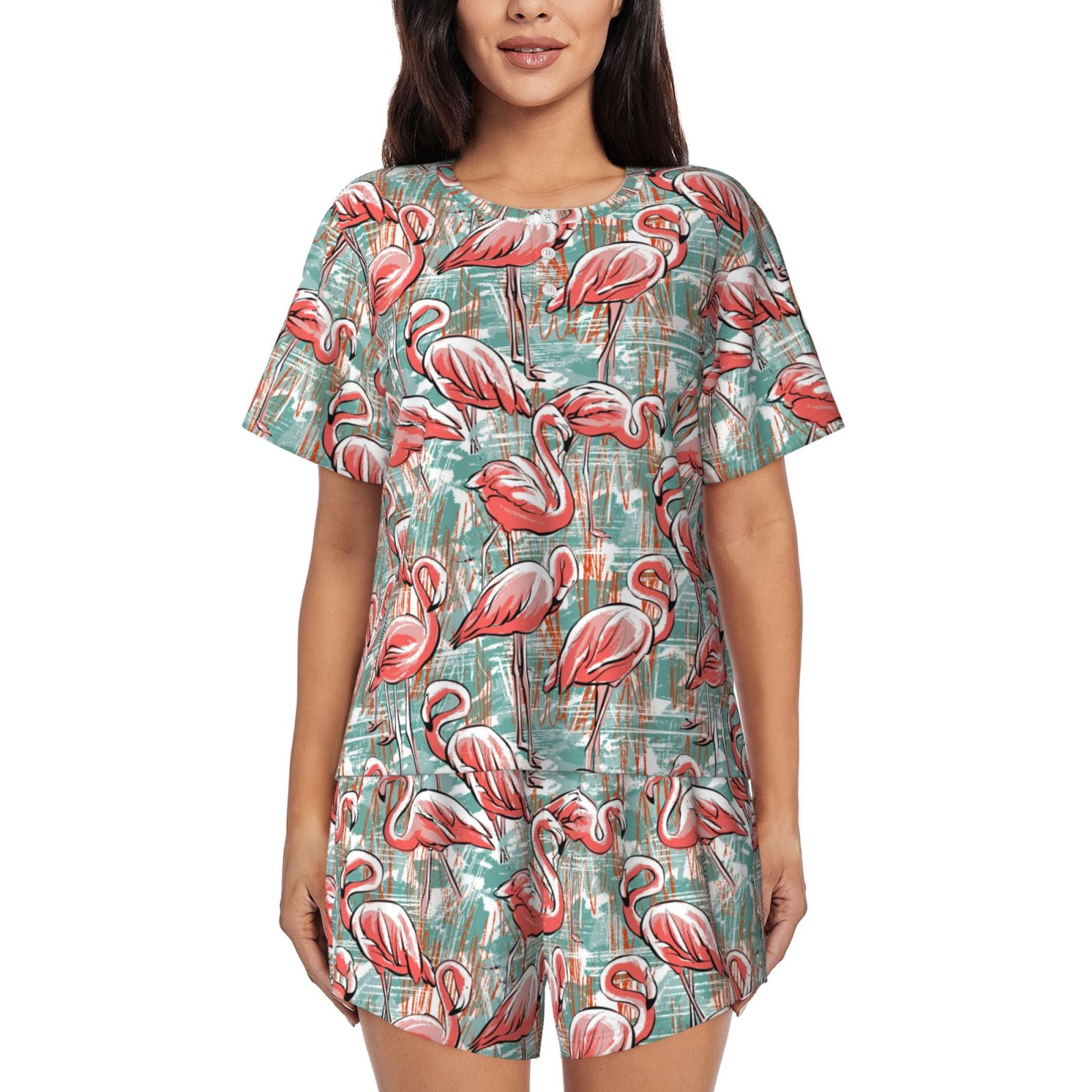 Lafuoo Pink Flamingo Pattern Women's Round Neck Short Sleeve Pajamas Set, Button Pajamas Elastic ...