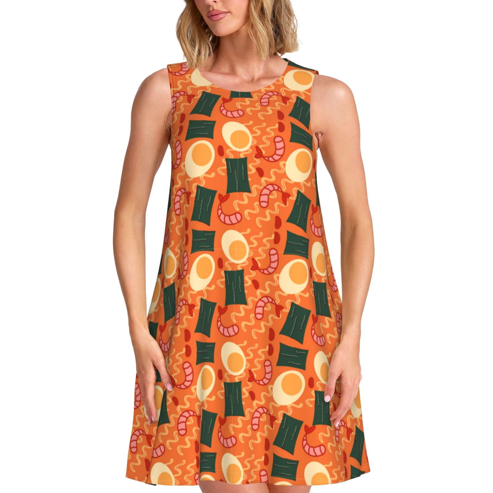 Lafuoo Ramen Noodle Soup Pattern Women's Sleeveless Dress, Round Tie ...