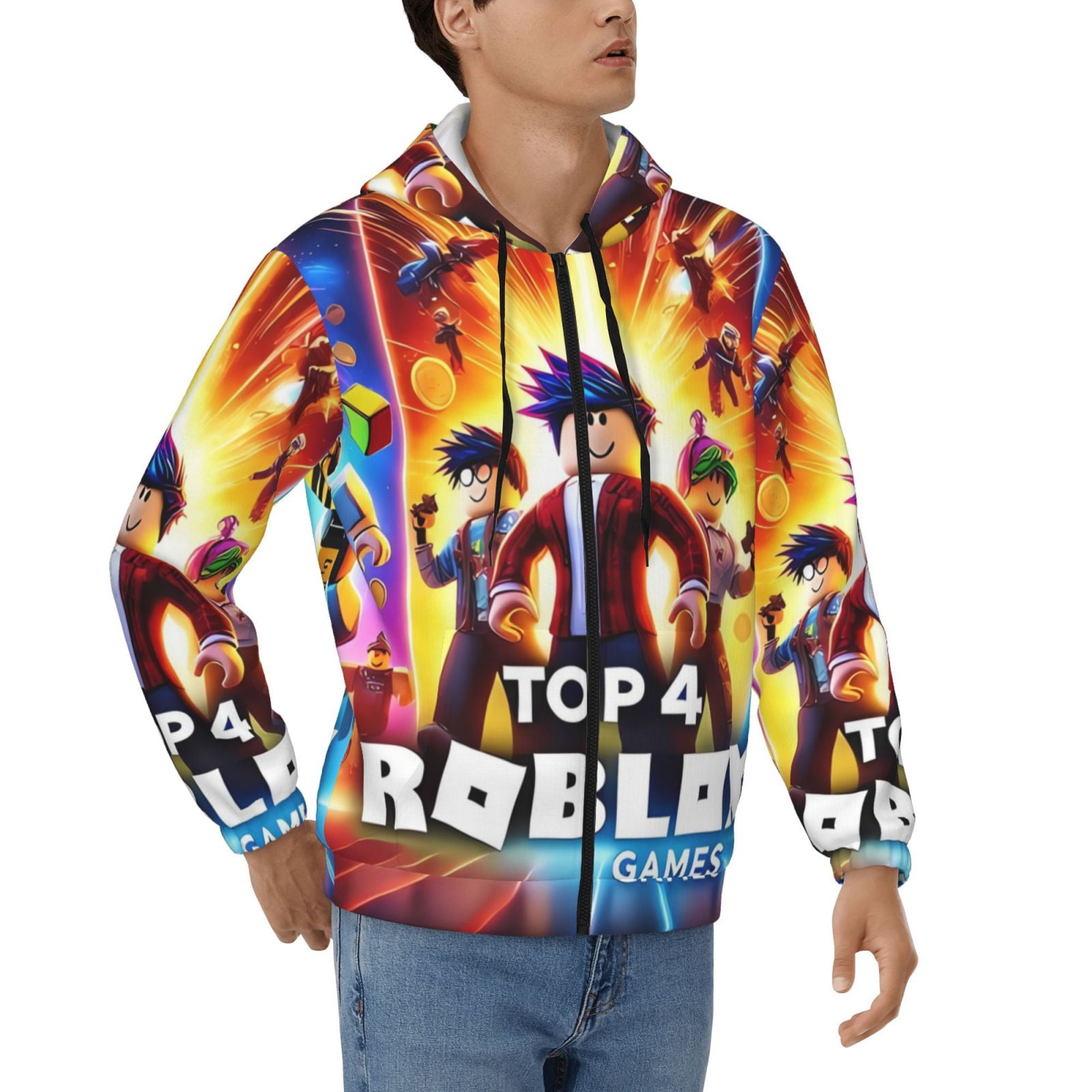 Lafuoo Roblox Pattern Men's Hooded Zip-Up Cardigan, Long-Sleeved Sport ...