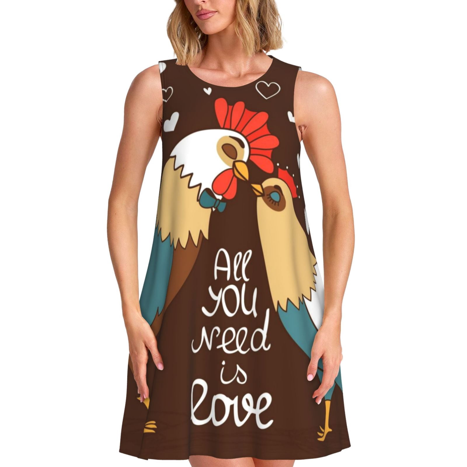 Lafuoo Rooster And Chicken Pattern Women's Sleeveless Dress, Round Tie ...
