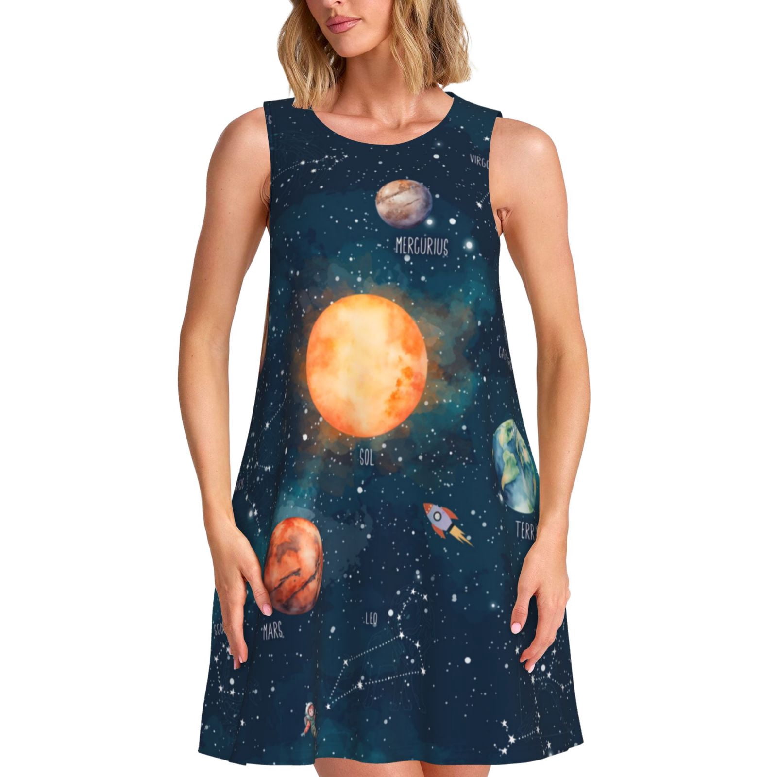 Lafuoo Solar System And Planets Pattern Women's Sleeveless Dress, Round ...