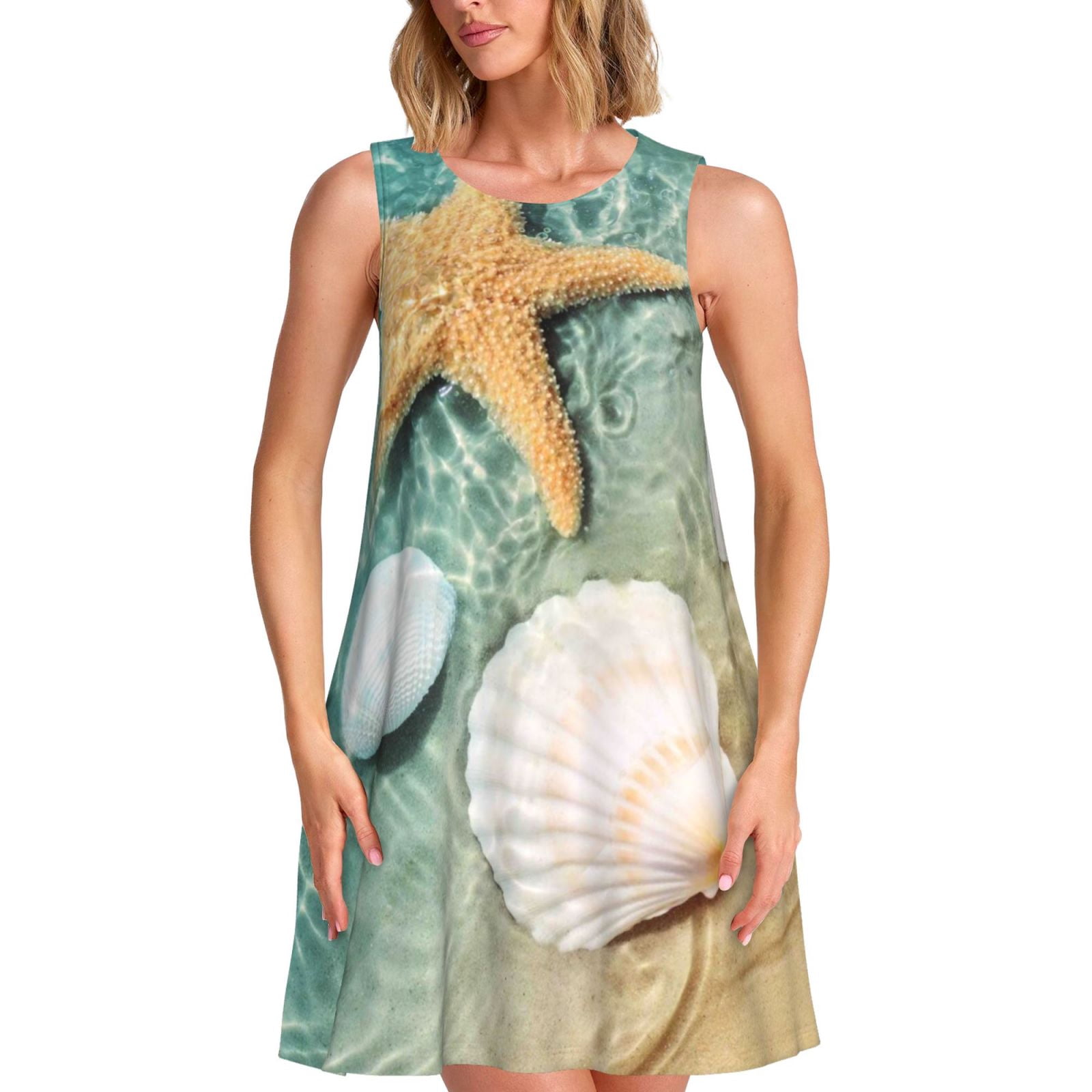 Lafuoo Starfish And Seashell Pattern Women's Sleeveless Dress, Round ...