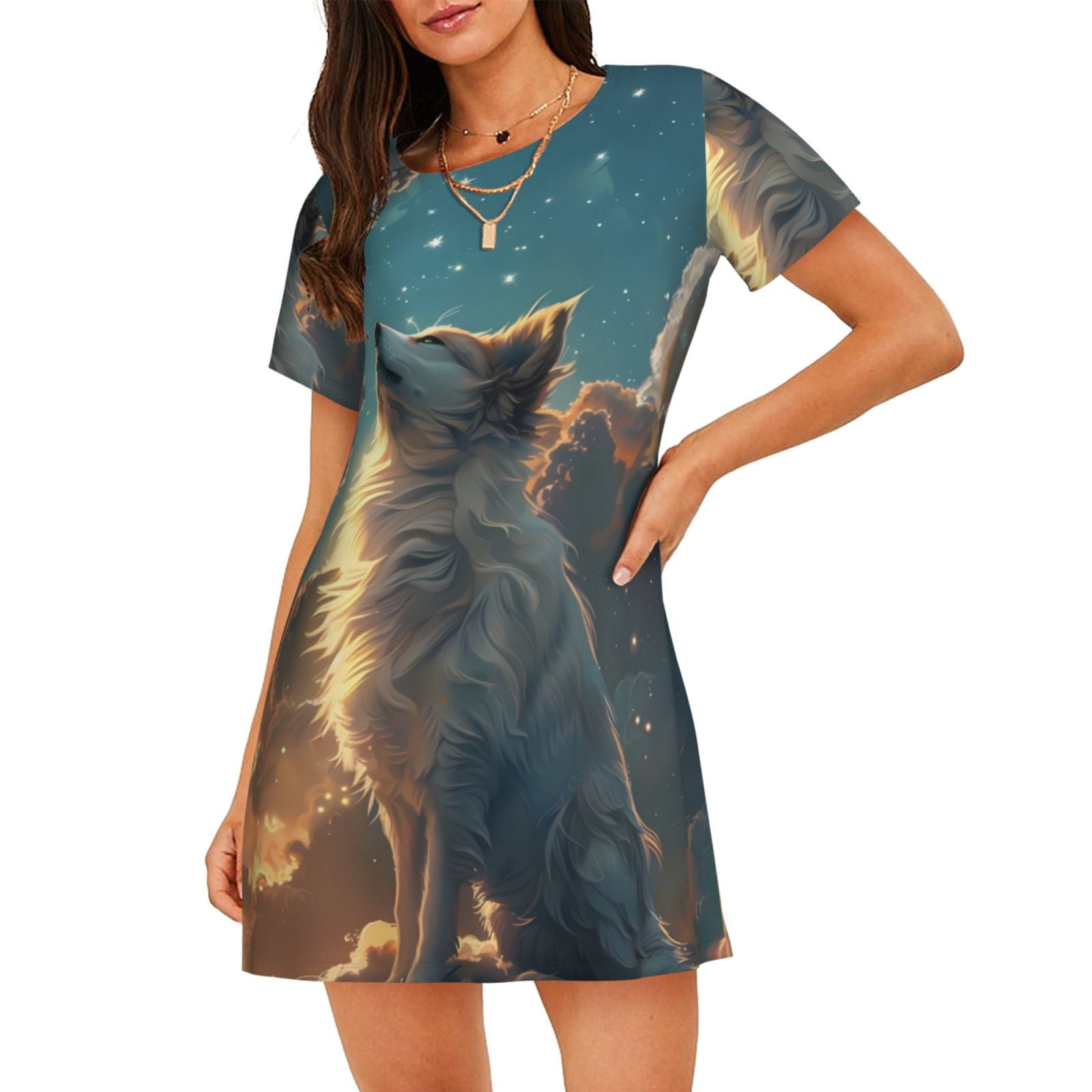 Lafuoo Starry Sky Cloud Wolf Pattern Women's Short-sleeved Nightdress, Knee-length Pullover ...