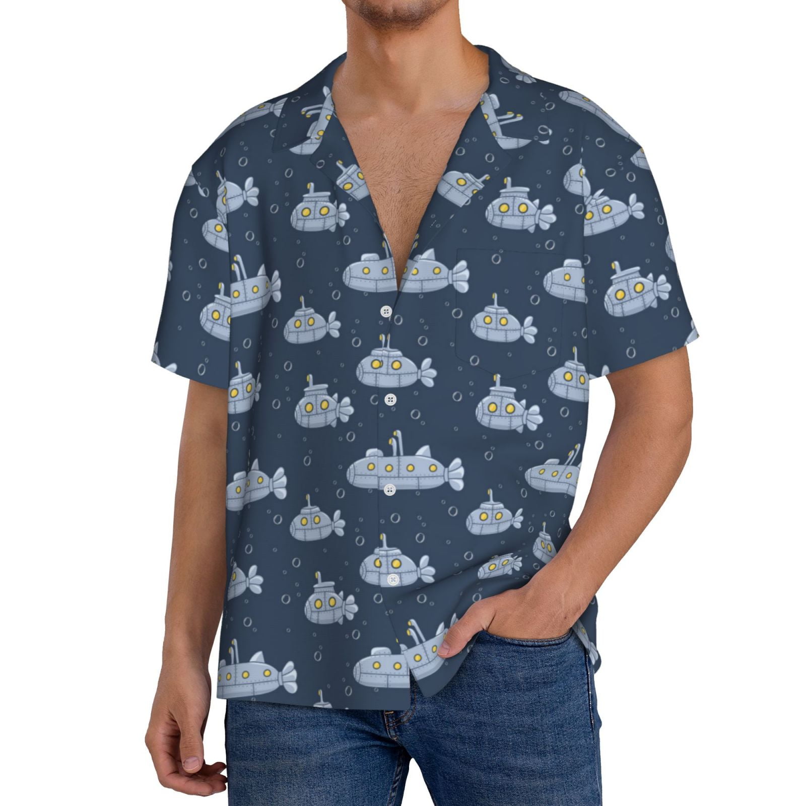 Lafuoo Submarine With Periscope Pattern Men's Cuban Collar Short Sleeve ...