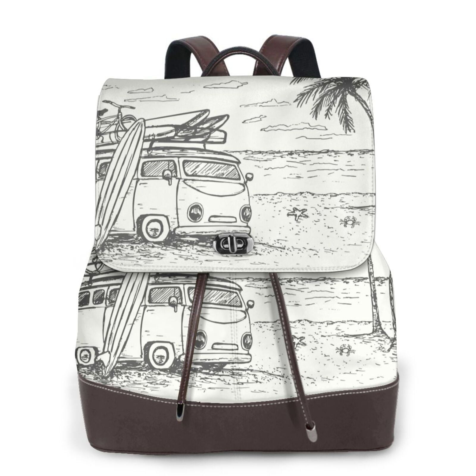 Lafuoo Summer Vacation Scene With Camping Van Pattern Leather Backpack ...