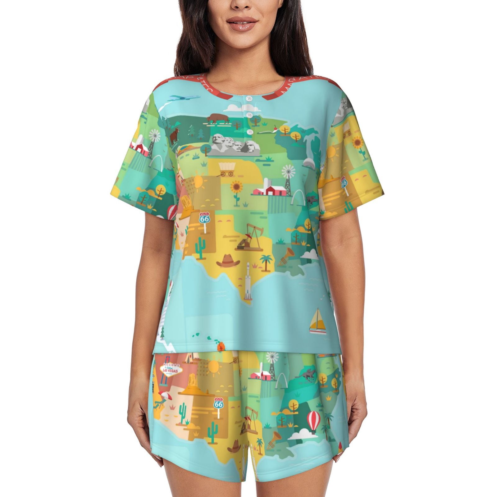 Lafuoo USA Tourist Map Pattern Women's Round Neck Short Sleeve Pajamas ...