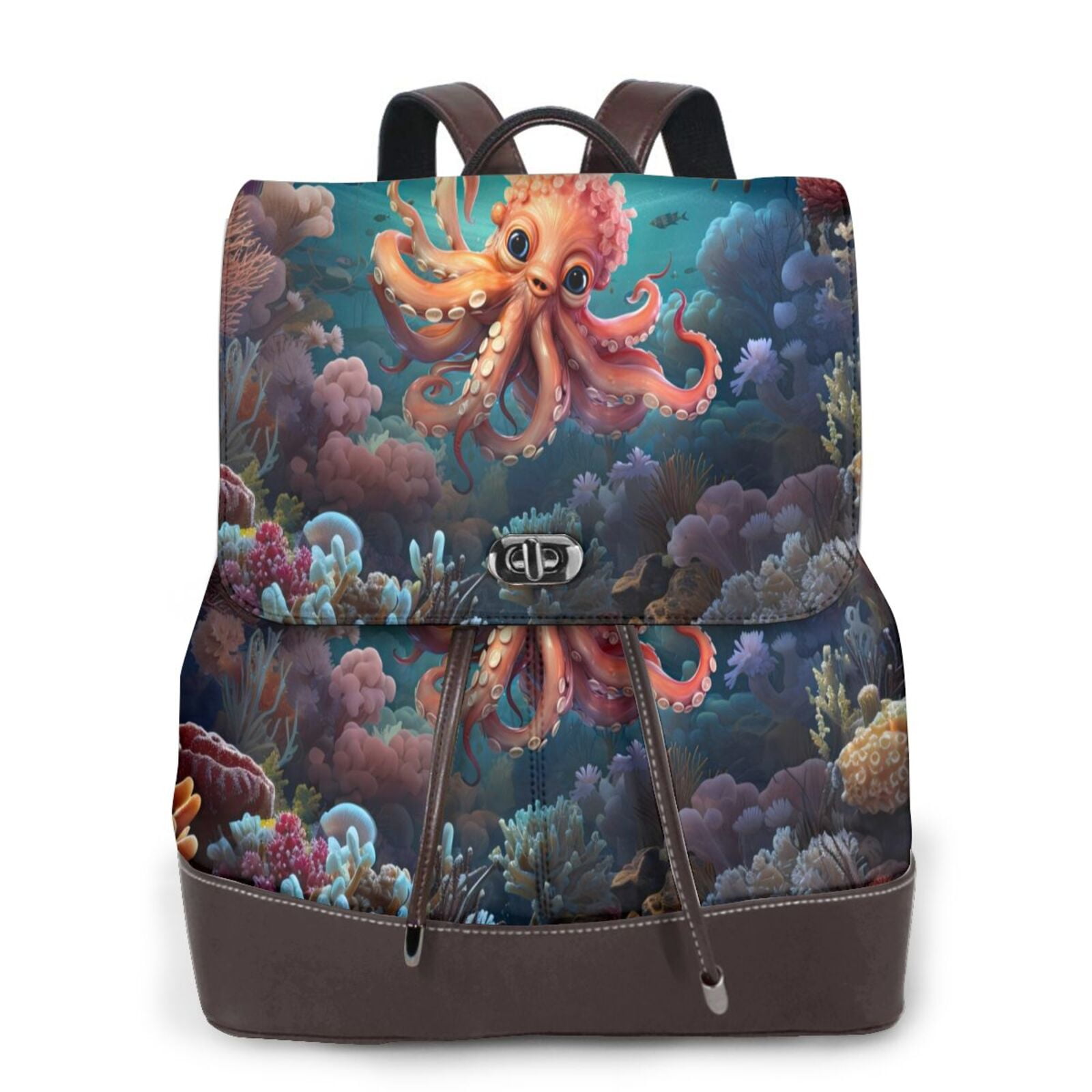 Lafuoo Underwater Plant Octopus Pattern Leather Backpack, Adjustable ...