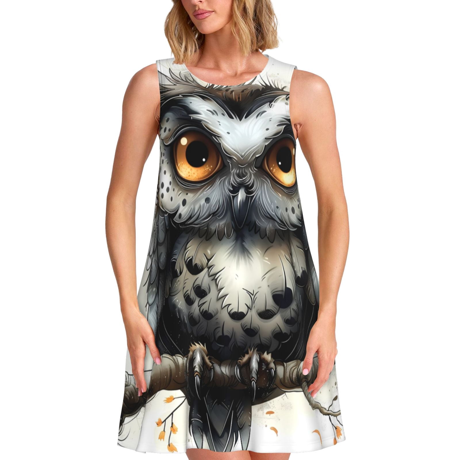 Lafuoo Whimsical Owl On Branch Pattern Women's Sleeveless Dress, Round ...