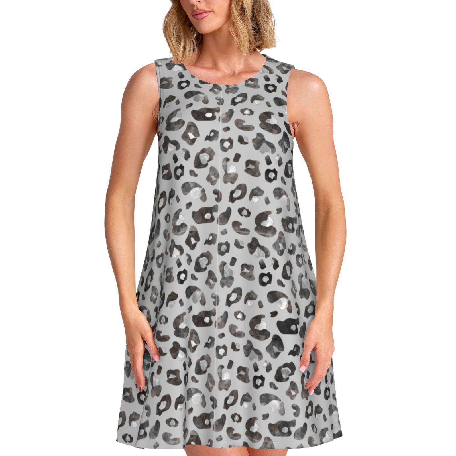 Lafuoo Wild Animal Leopard Print Pattern Women's Sleeveless Dress, Round Tie Pocket Short Sleeve ...