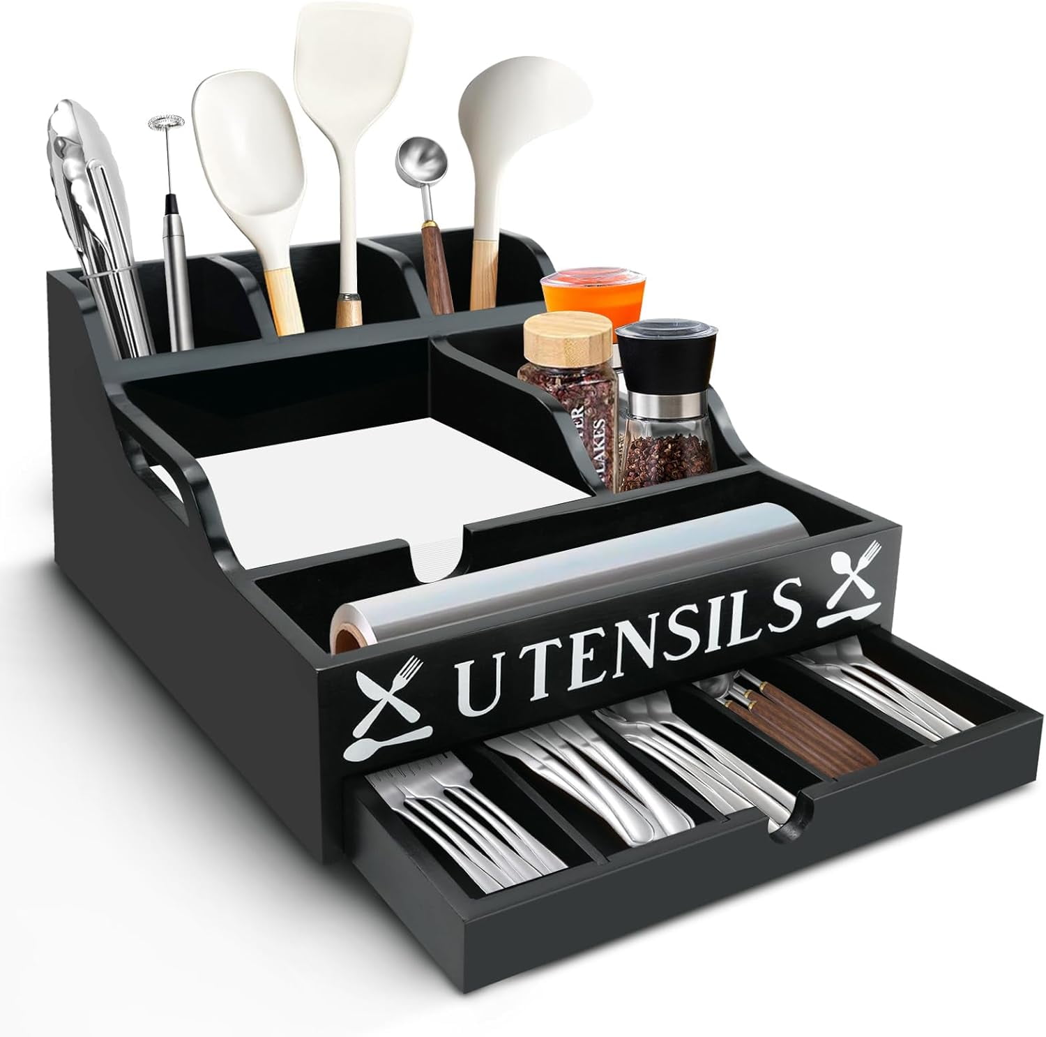 Lagre Wooden Cooking Utensil Holder, Kitchen Utensil Crock with 11 ...