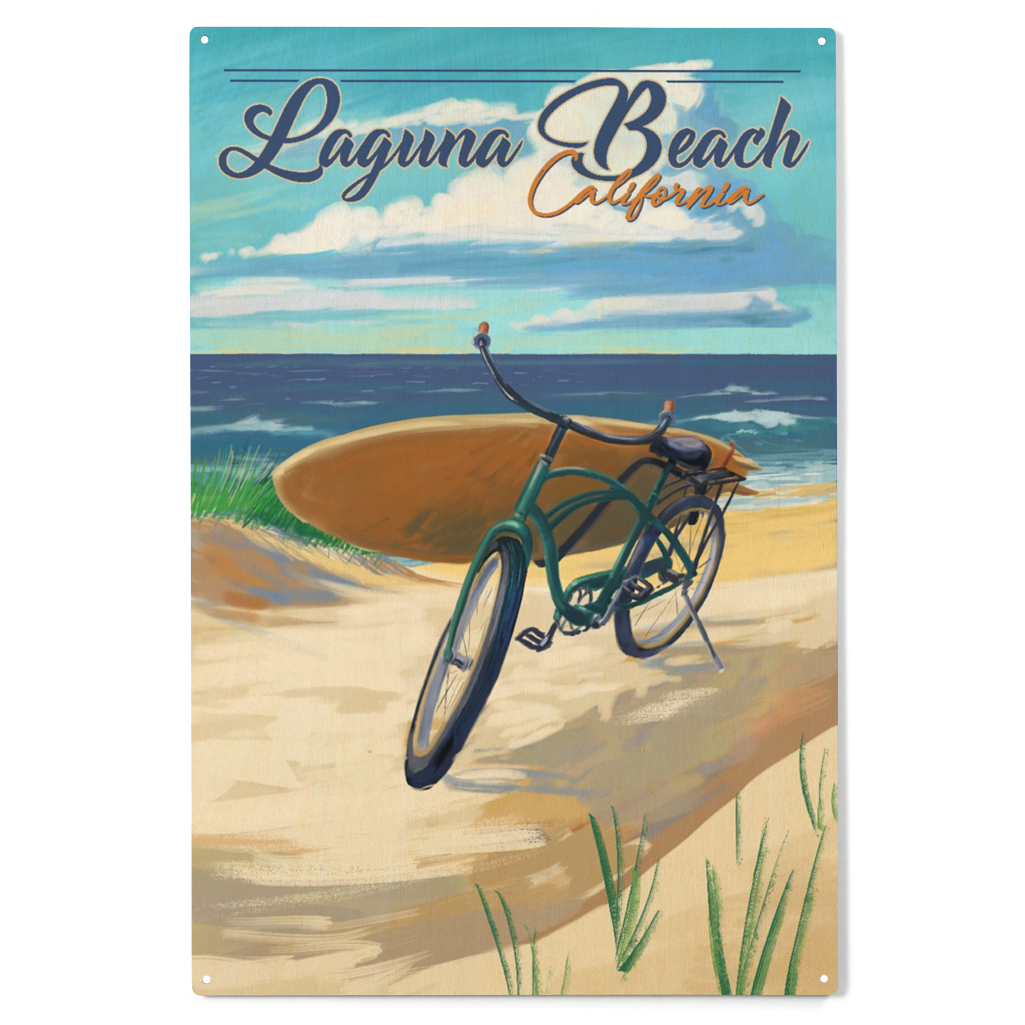 Laguna Beach, California, Beach Cruiser on Beach Birch Wood Wall Sign ...