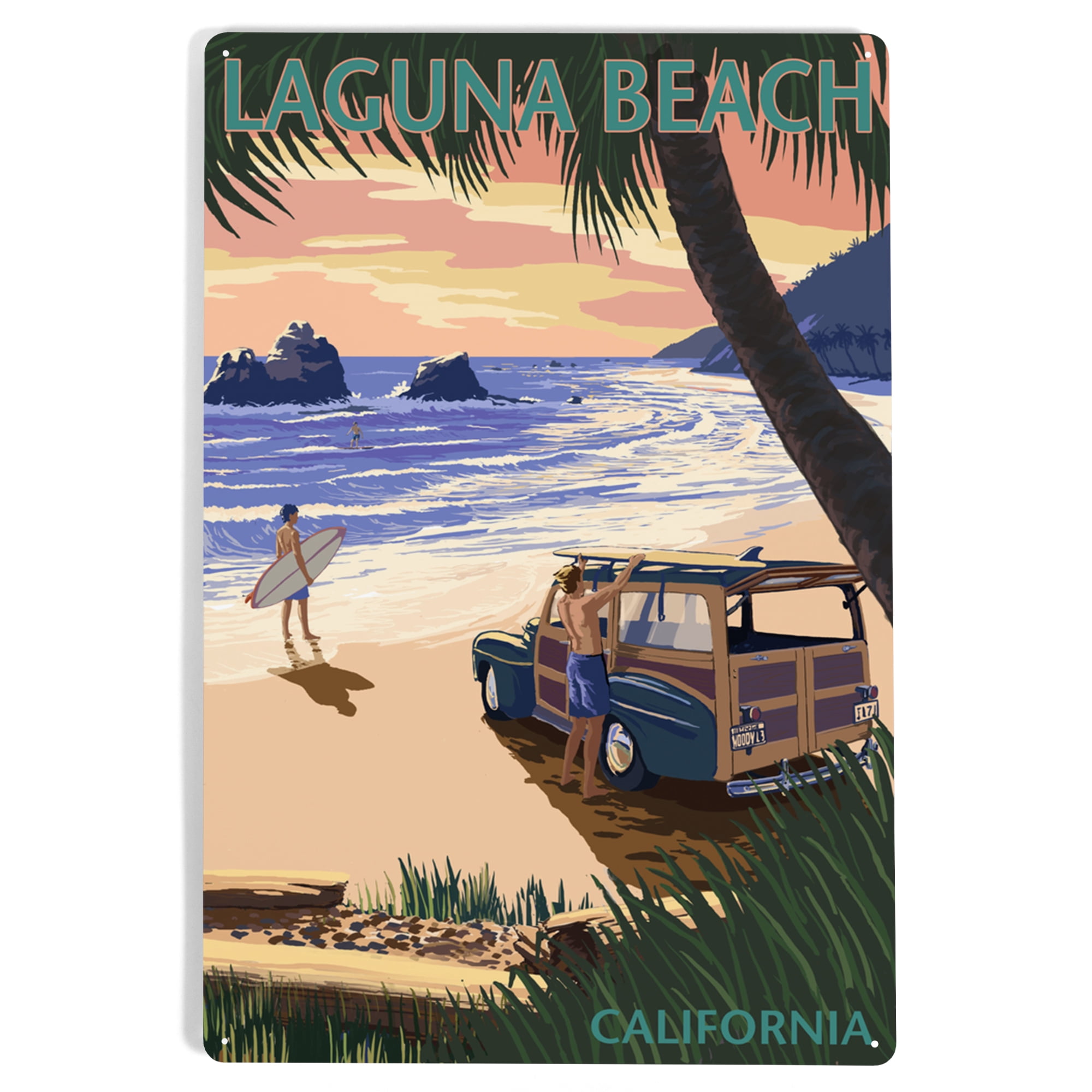 Laguna Beach, California, Woody on the Beach with Palm (12x18 Aluminum ...