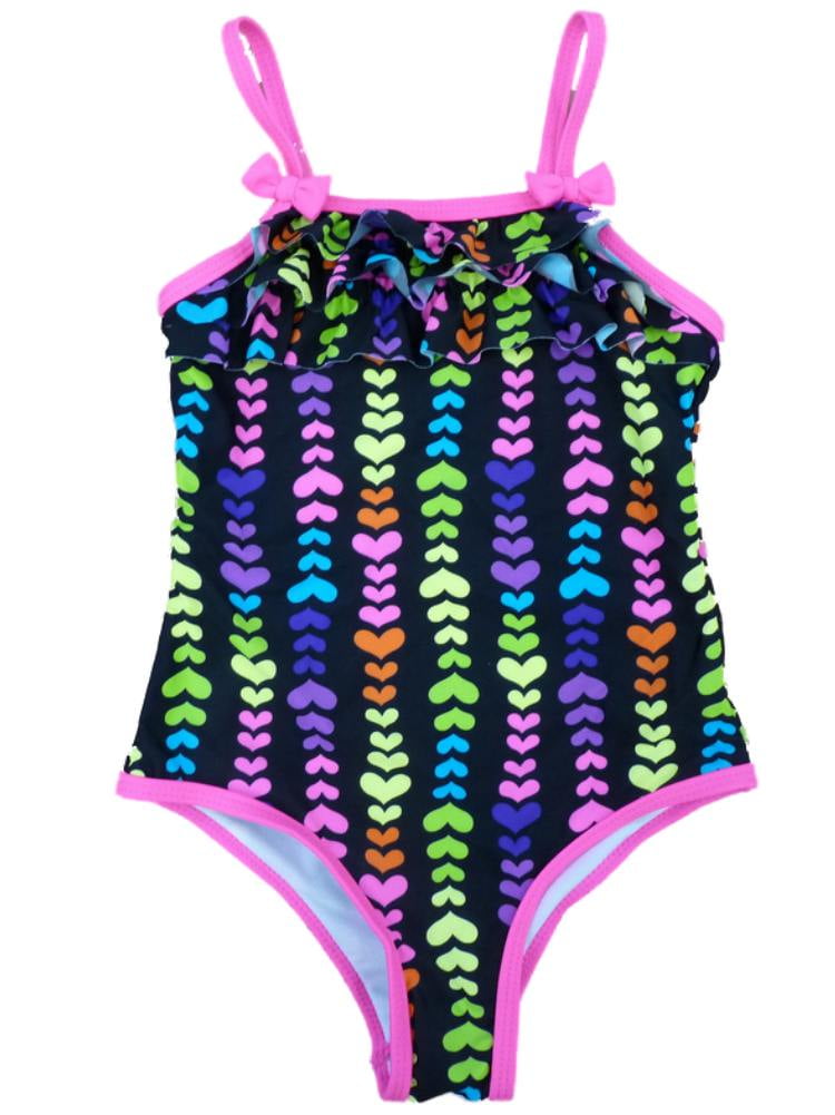 Laguna Girls Neon Heart Print Swimming Suit Swim Ruffle Bathing Suit 1 ...