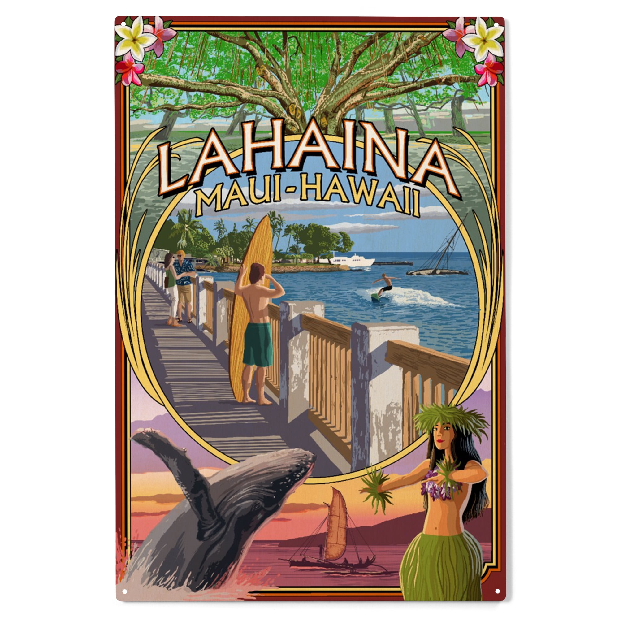 Lahaina, Maui, Hawaii, Town Scenes Montage Birch Wood Wall Sign (10x15 ...