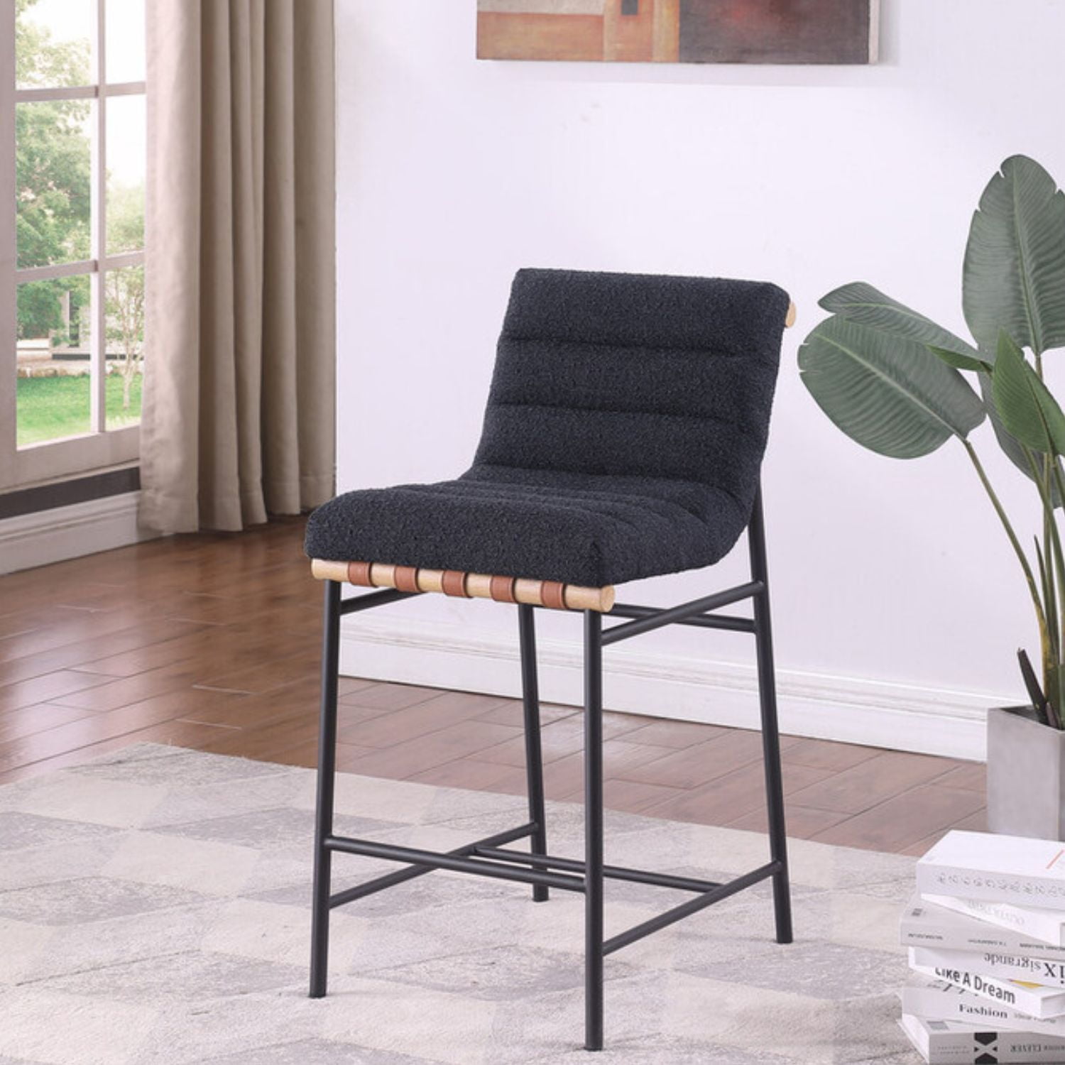 Lahni Modern Dining Bar Chair, Black Boucle Fabric with Iron Leg Frame ...