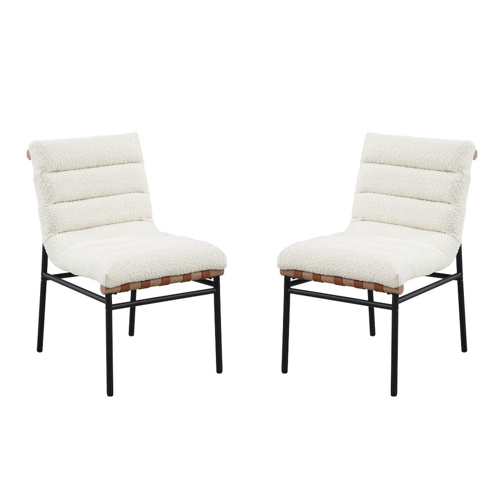 Lahni White Boucle Fabric Set of 2 Dining Chair with Black Iron Legs ...