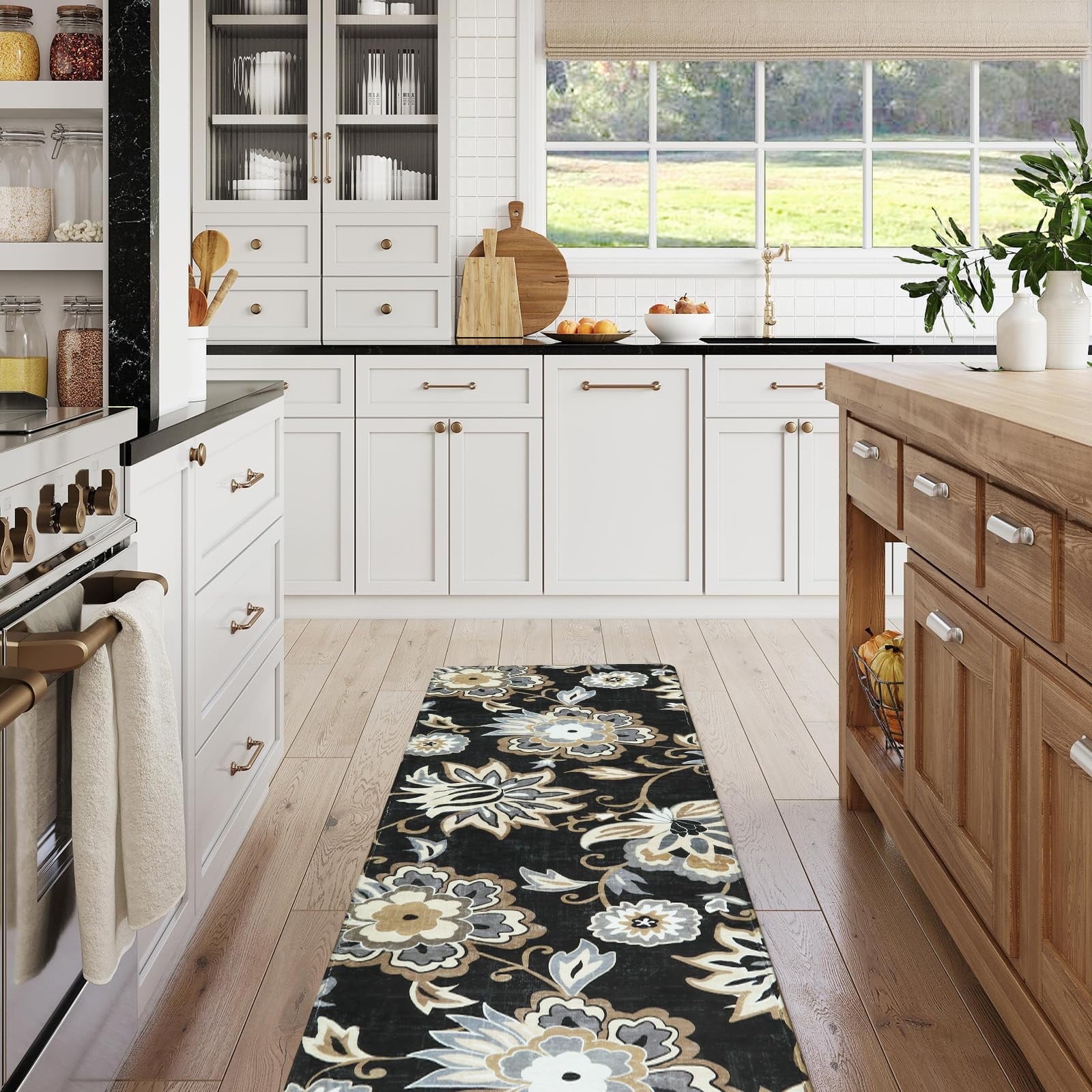 Lahome 2x4 Floral Black Small Runner Rug Non-Slip Low-Pile Entryway ...
