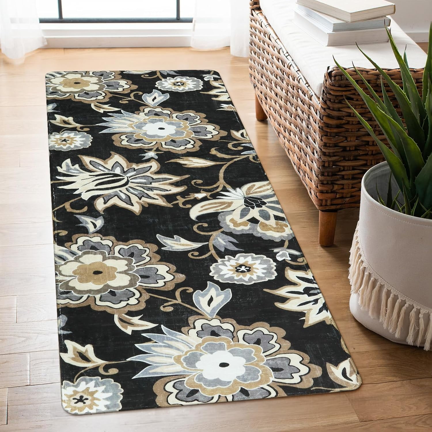 Lahome 2x4 Floral Black Small Runner Rug Non-Slip Low-Pile Washble ...