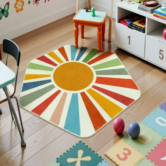 Lahome 4'x4'7" Hexagonal Rainbow Sun Rug,Boho Machine Washable Carpet ...