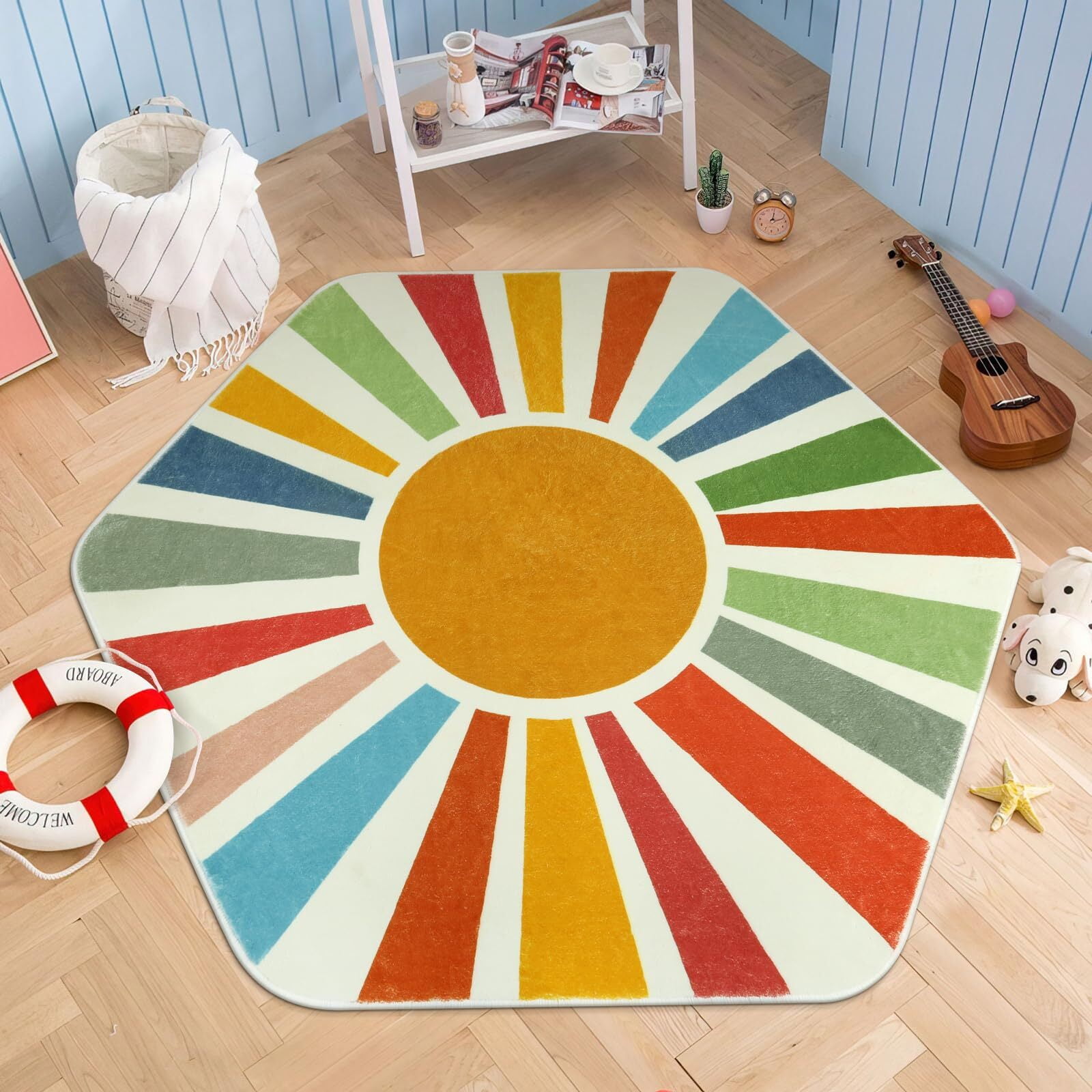 Lahome 4'x4'7" Hexagonal Rainbow Sun Rug,Boho Machine Washable Carpet ...
