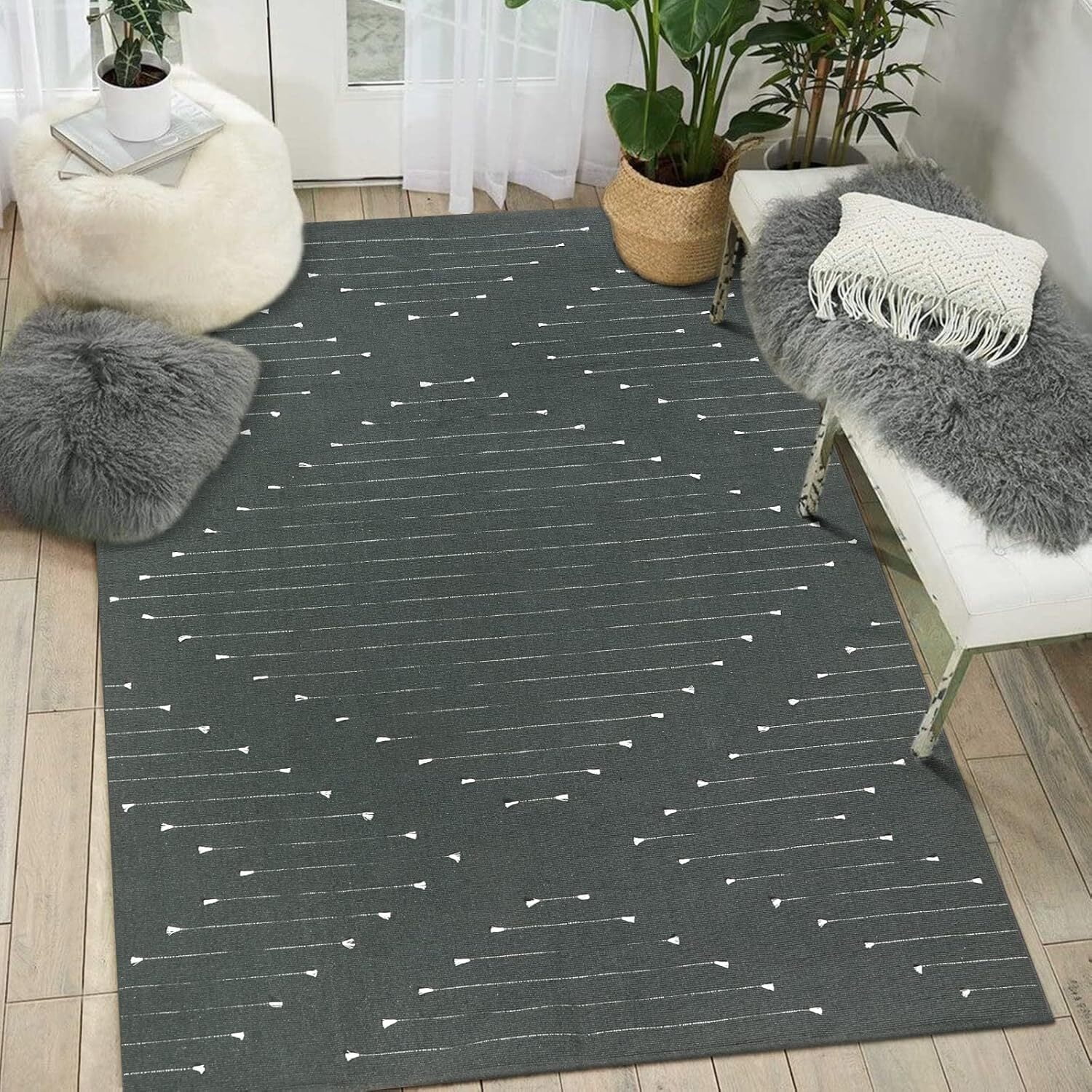 Lahome 5'x7' Gray Area Rug for Living Room, Cotton Woven Boho Throw ...