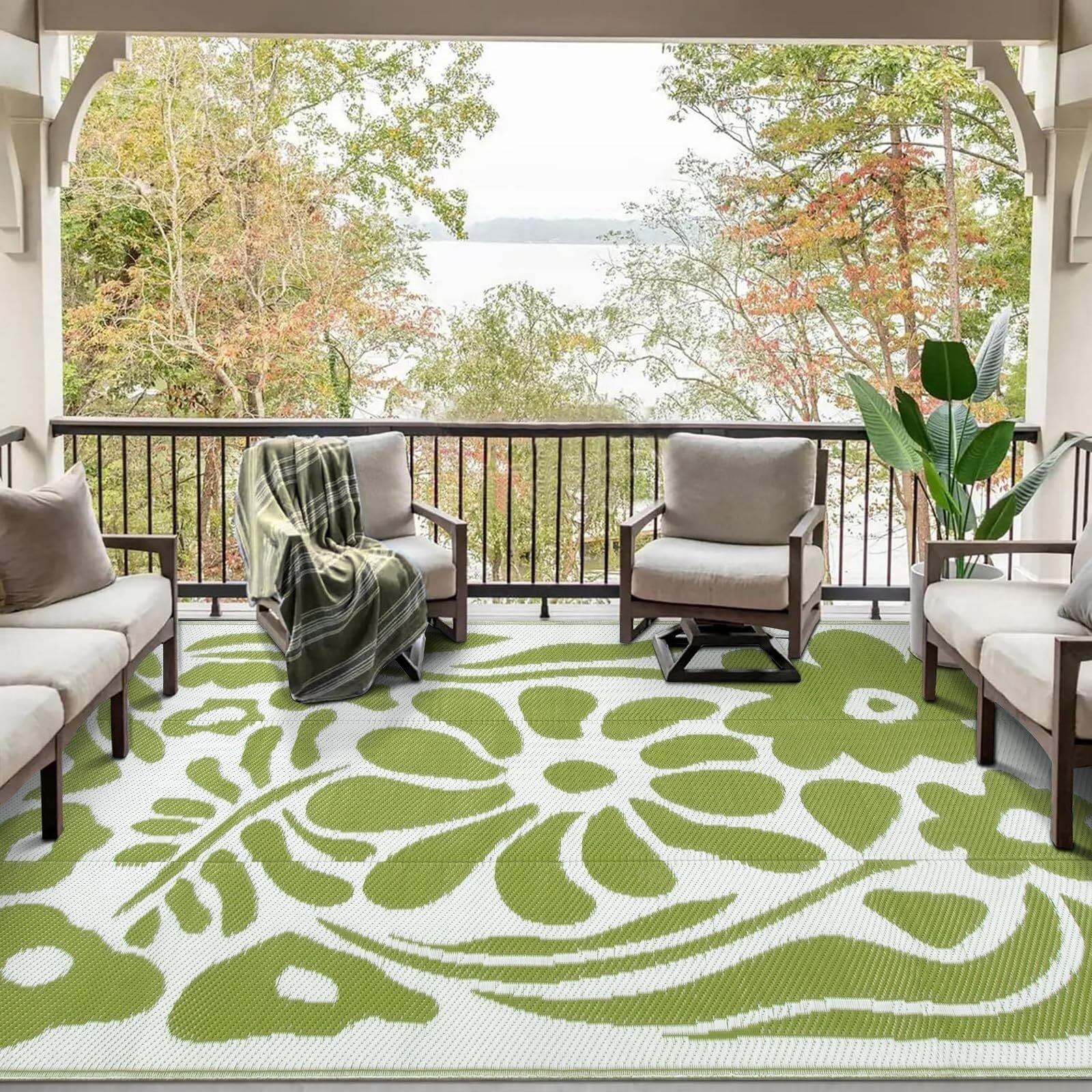 Lahome 8'x10' Outdoor Beach Rug - Waterproof Reversible Floral Straw ...