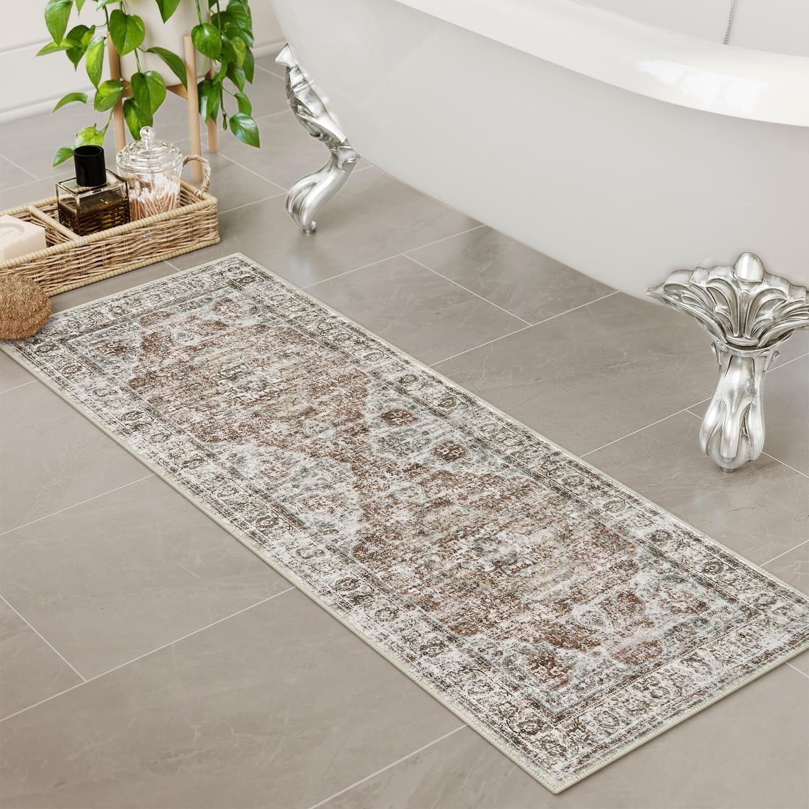 Lahome Bathroom Rugs Runner, Distressed Farmhouse Boho Khaki Bath Mat ...