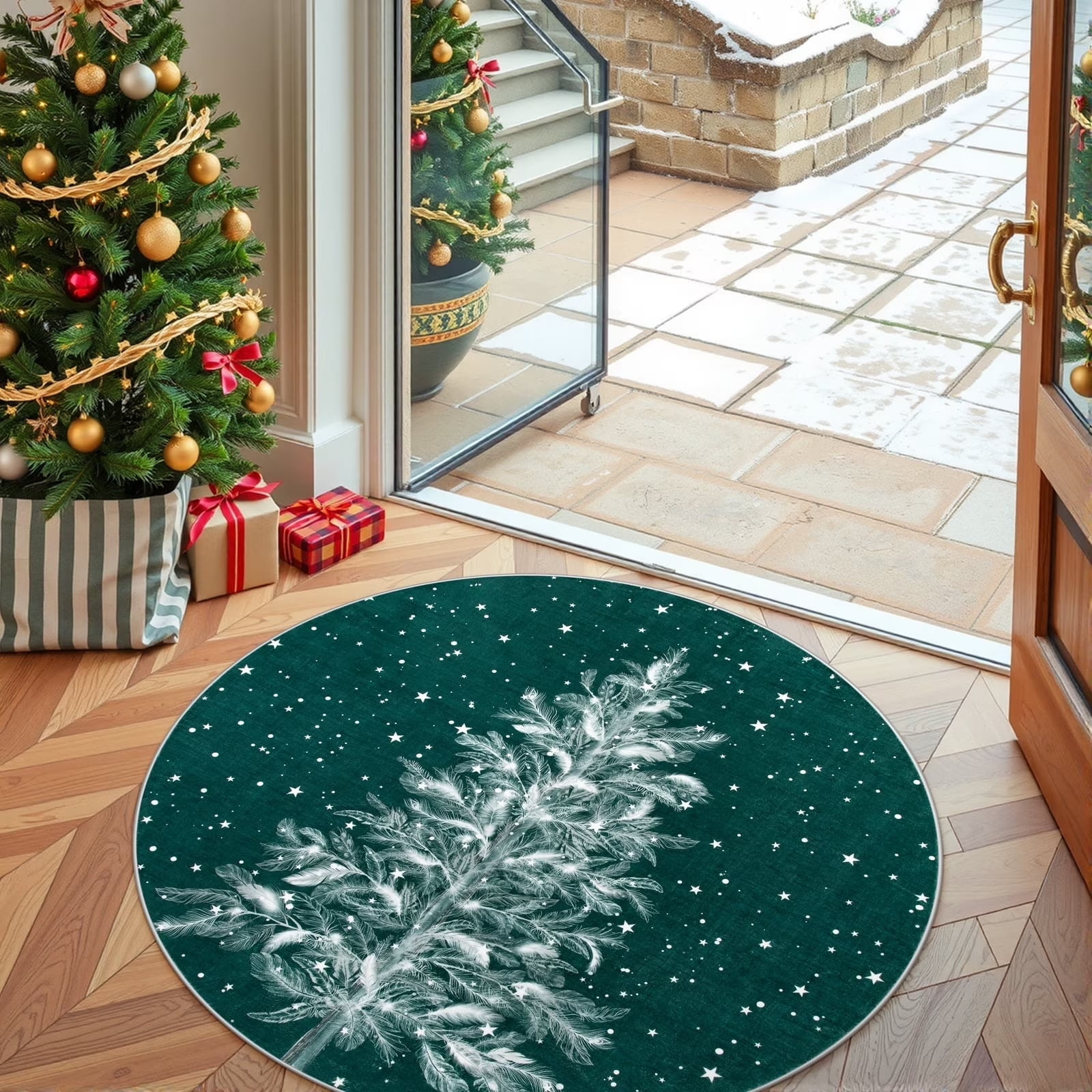 Lahome Christmas Round Rug 3ft Area Rug Red Christmas Tree Rug Washable ...