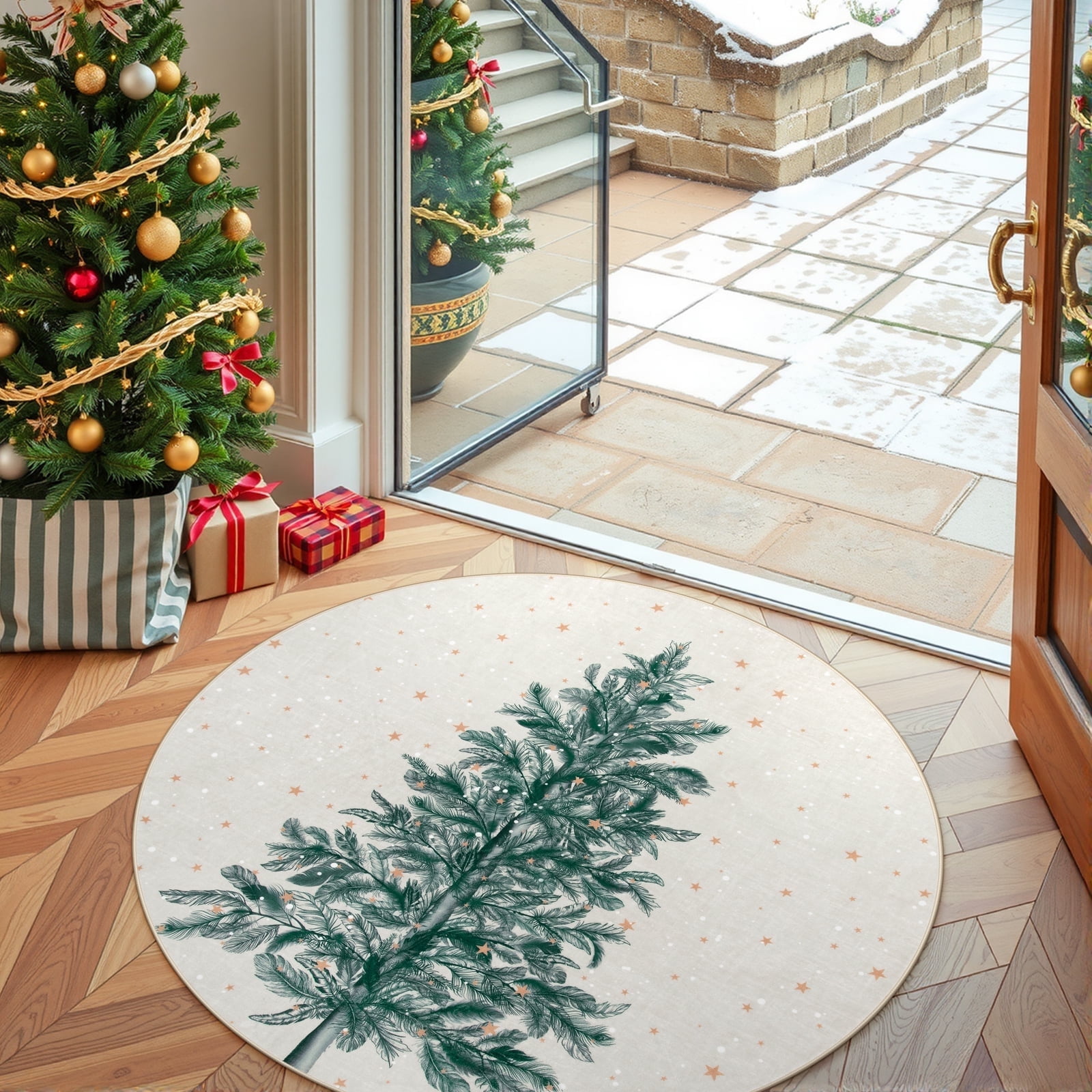 Lahome Christmas Round Rug 3ft Area Rug Red Christmas Tree Rug Washable ...