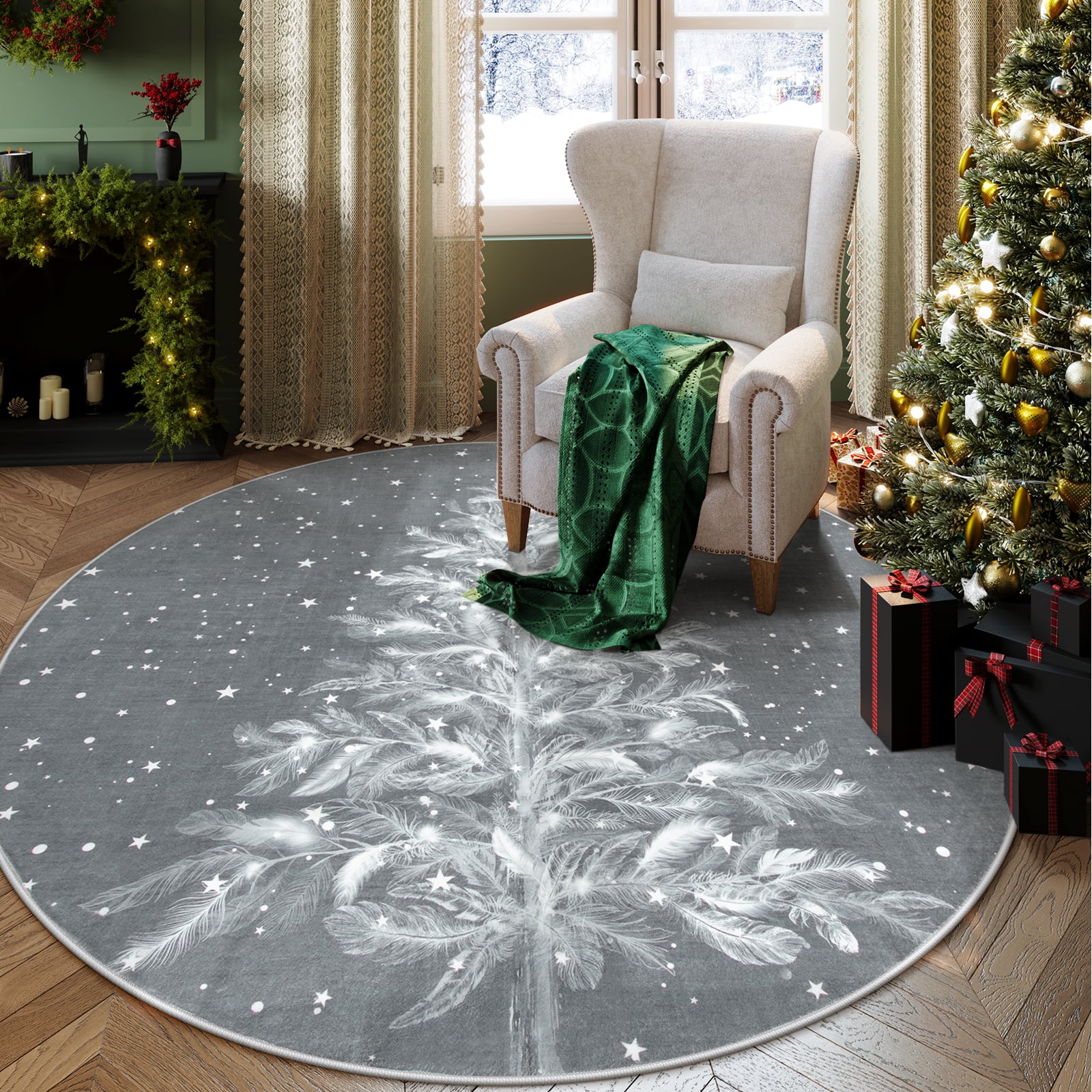 Lahome Christmas Round Rug 5ft Area Rug Red Christmas Tree Rug Washable ...