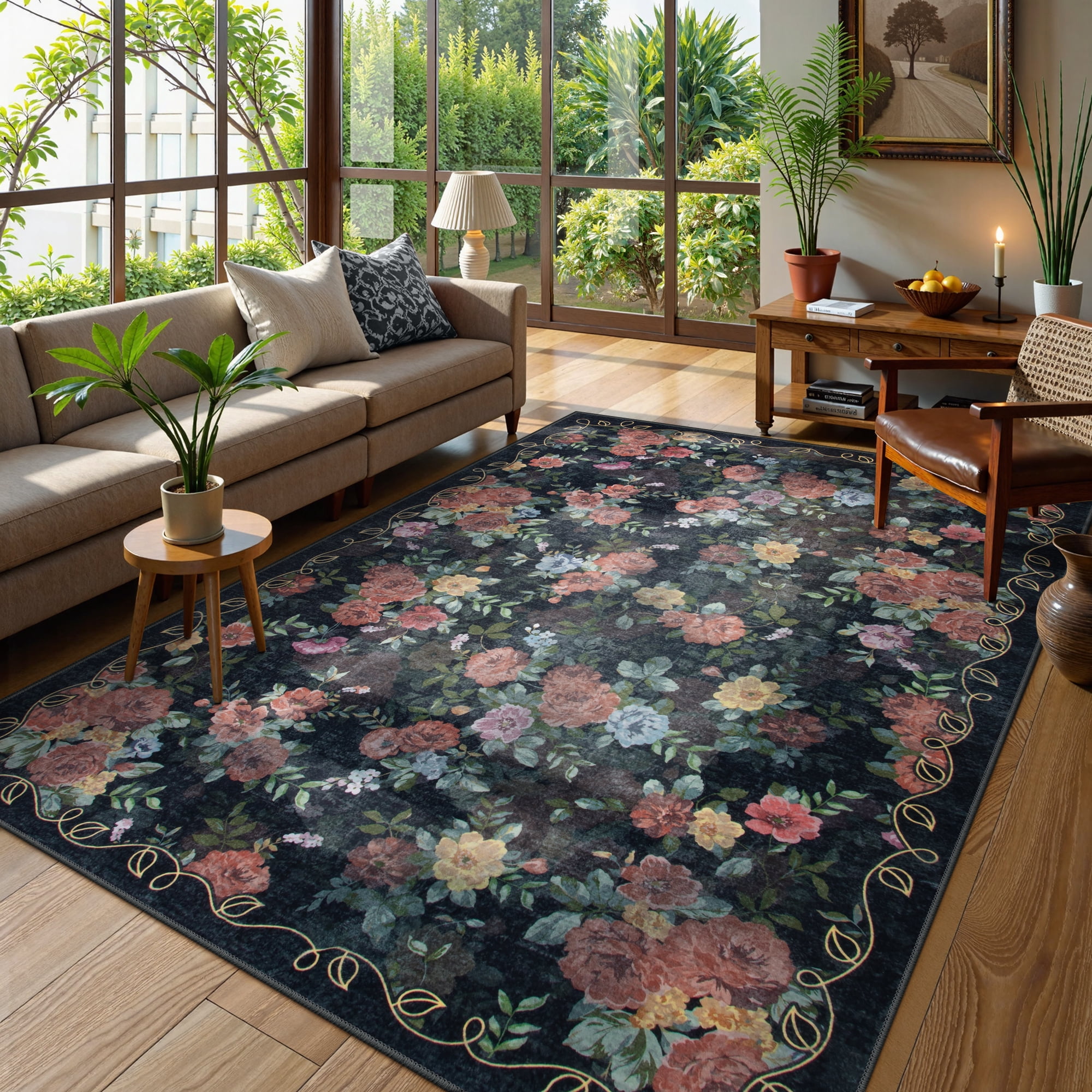 Lahome Decor 6'x9' Boho Floral Area Rug 6x9ft Washable Rugs for Living ...