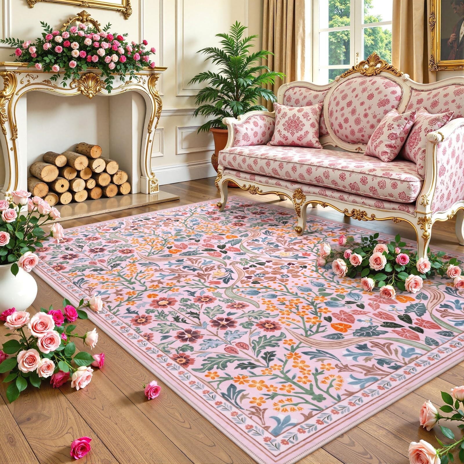 Lahome Floral 8'x10' Area Rugs for Living Room, Washable Large Pink ...