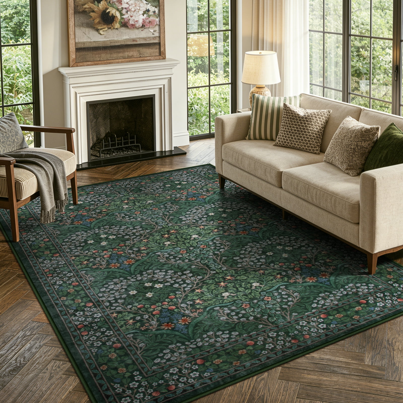 Lahome Floral Dark Green Area Rugs 5x7 – Soft Washable for Living Room ...