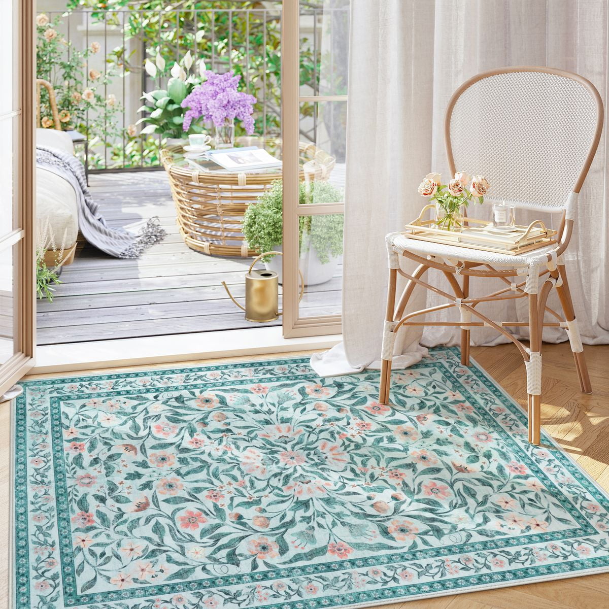 Lahome Green 5x7 Floral Vintage Rug, Washable Non-Slip Area Rug for ...
