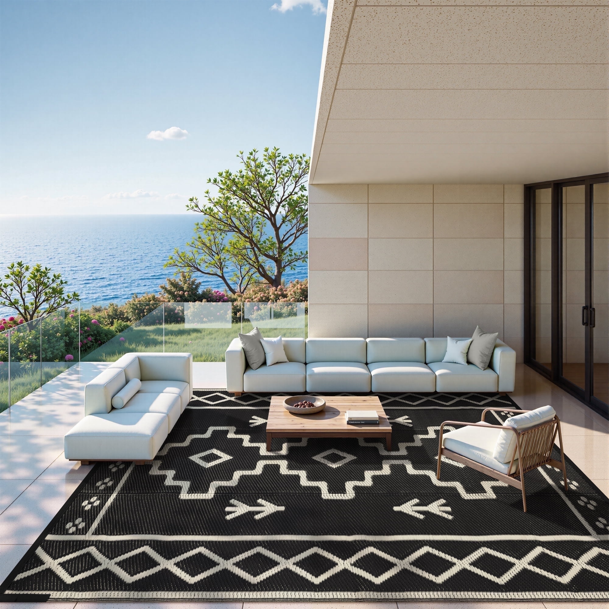 Lahome 8x10 Plastic Straw Outdoor Rug Waterproof, Reversible Black Boho ...