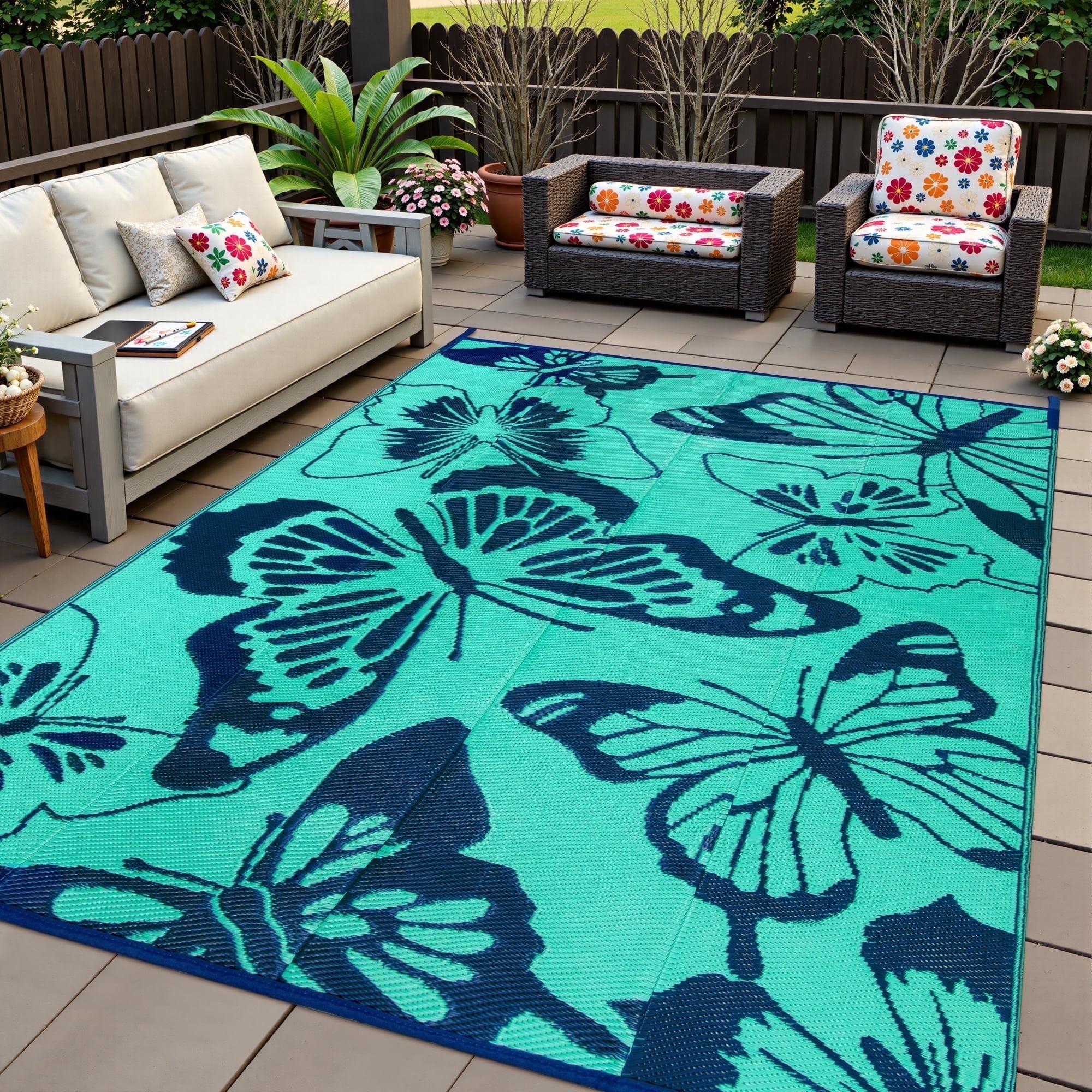 Lahome 6x9 Butterfly Outdoor Rug, Green Waterproof Reversible Patio ...